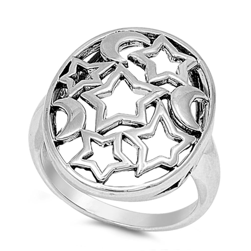 Universe Star Moon Cutout Ring .925 Sterling Silver Band Jewelry Female ...