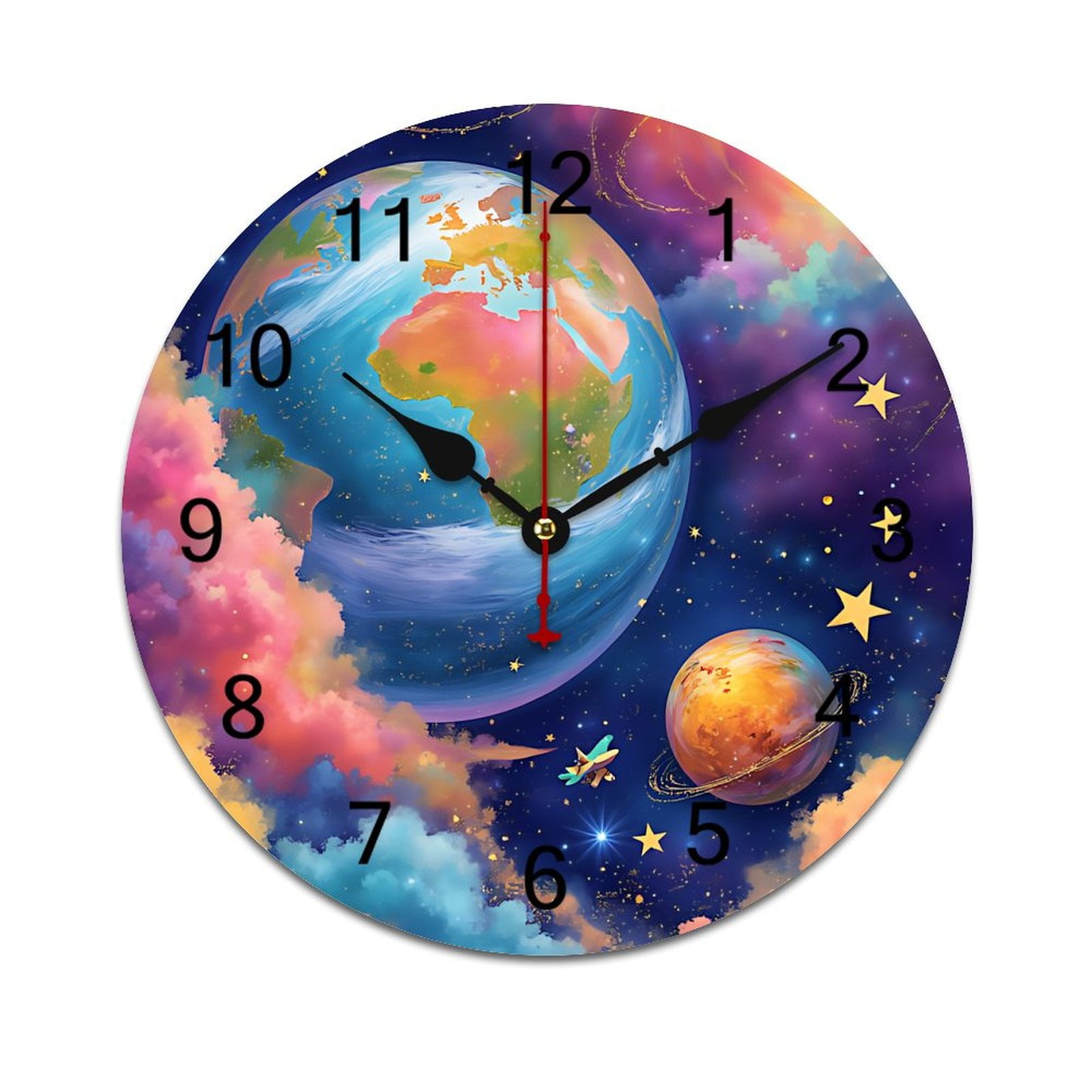 Universe, Stars, Earth, And Planets Printed Silent Wall Clock Round Kitchen Clock Chic Quiet ...