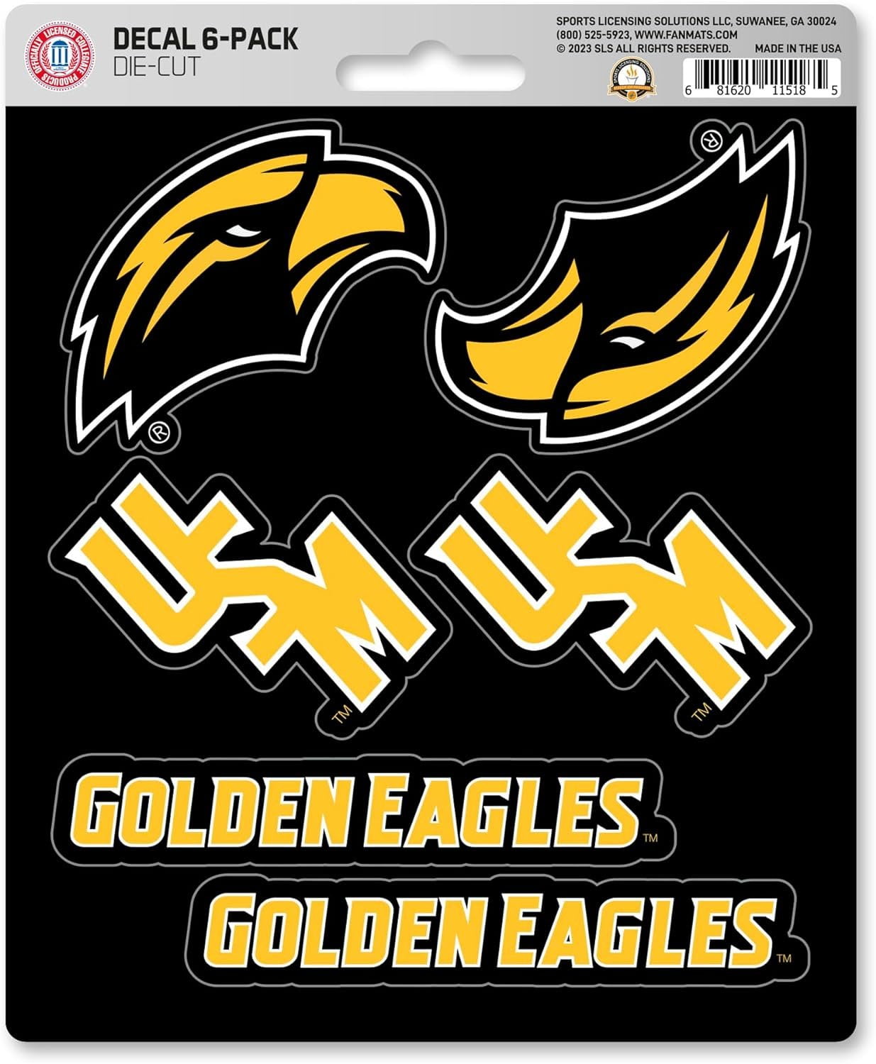 University of Southern Mississippi Golden Eagles 6-Piece Decal Sticker Set, 5x6 Inch Sheet, Gift ...