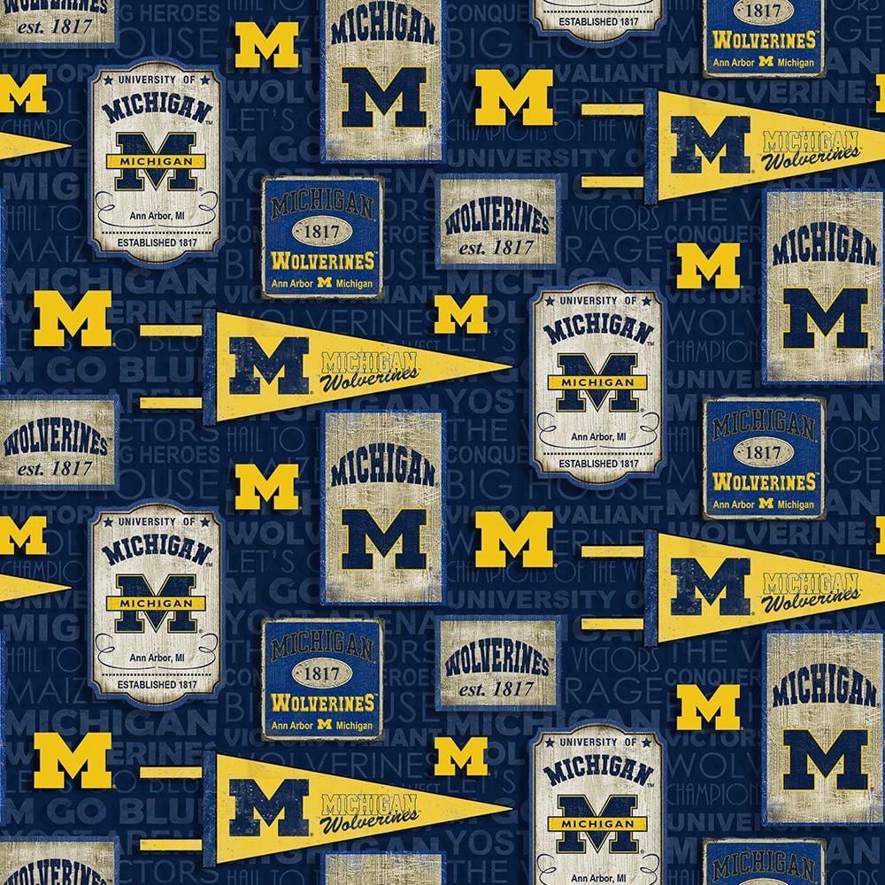 University of Michigan Cotton Fabric with Vintage Pennant Design-Sold ...
