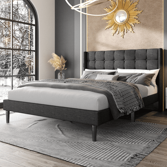 Full Size Platform Bed Frame Linen Headboard - No Box Spring Needed ...