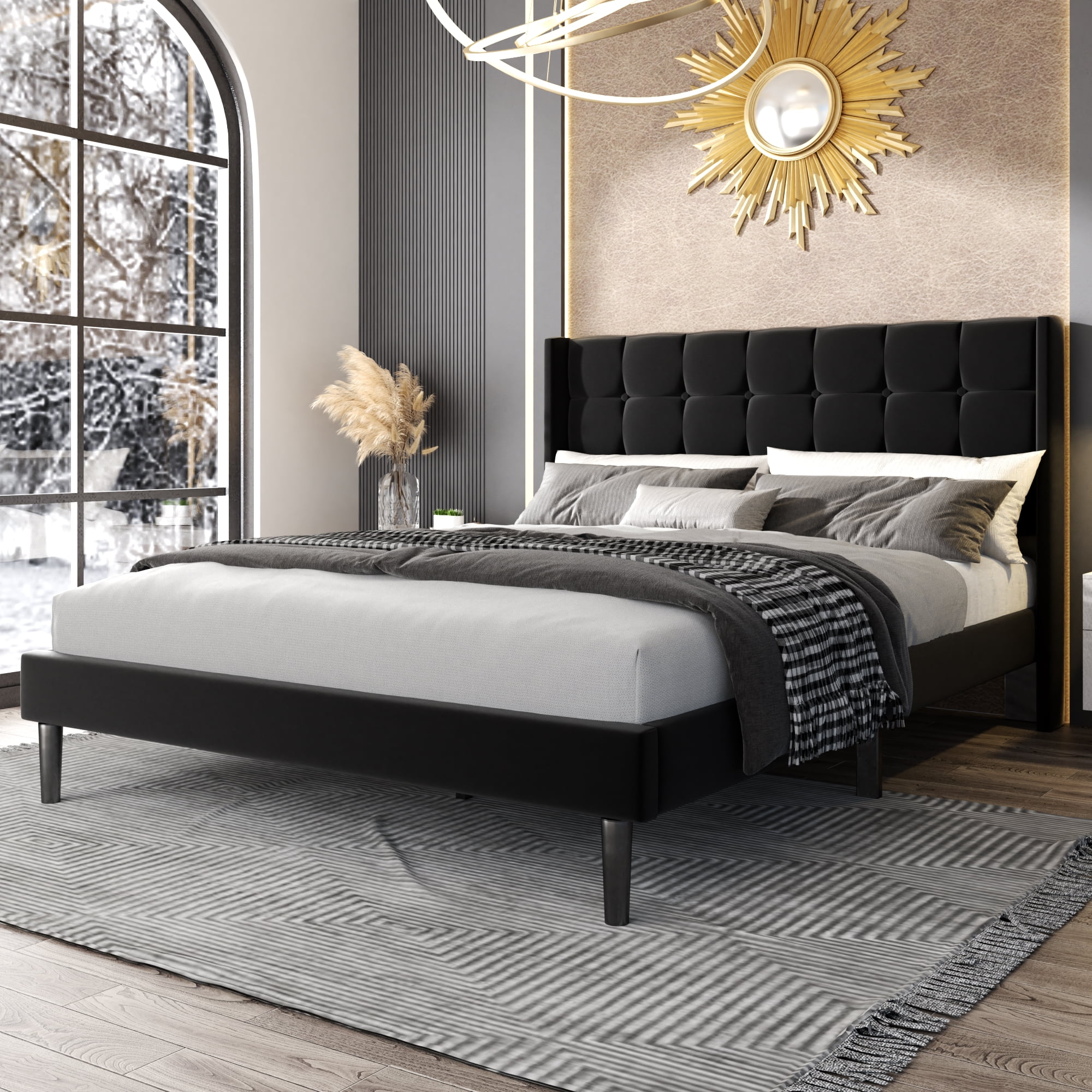 Unizone Full Size Bed Frame with Upholstered Headboard and Wingback ...