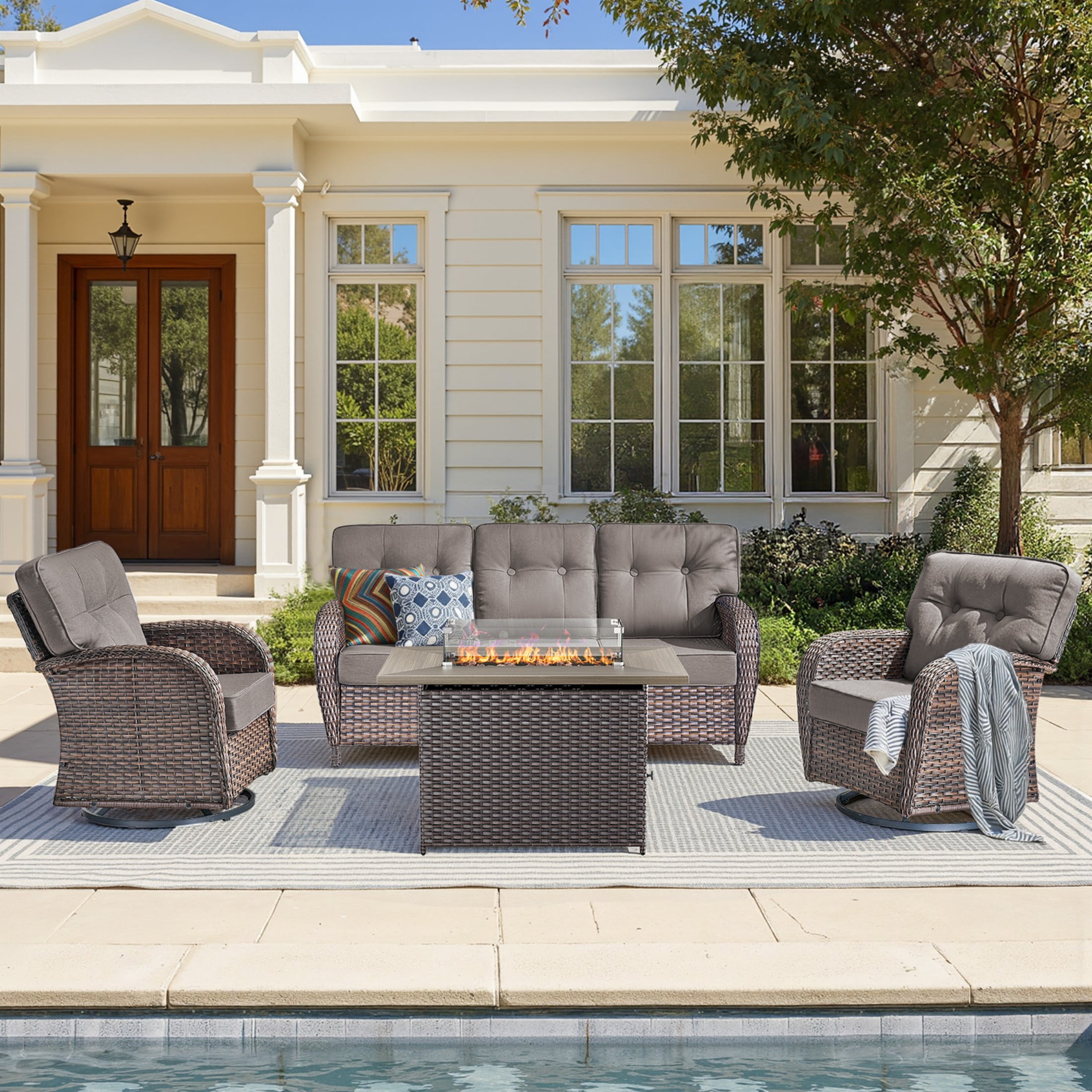 Unnifurnzi 4 Pieces Patio Furniture Set with Fire Pit Table-All Weather ...