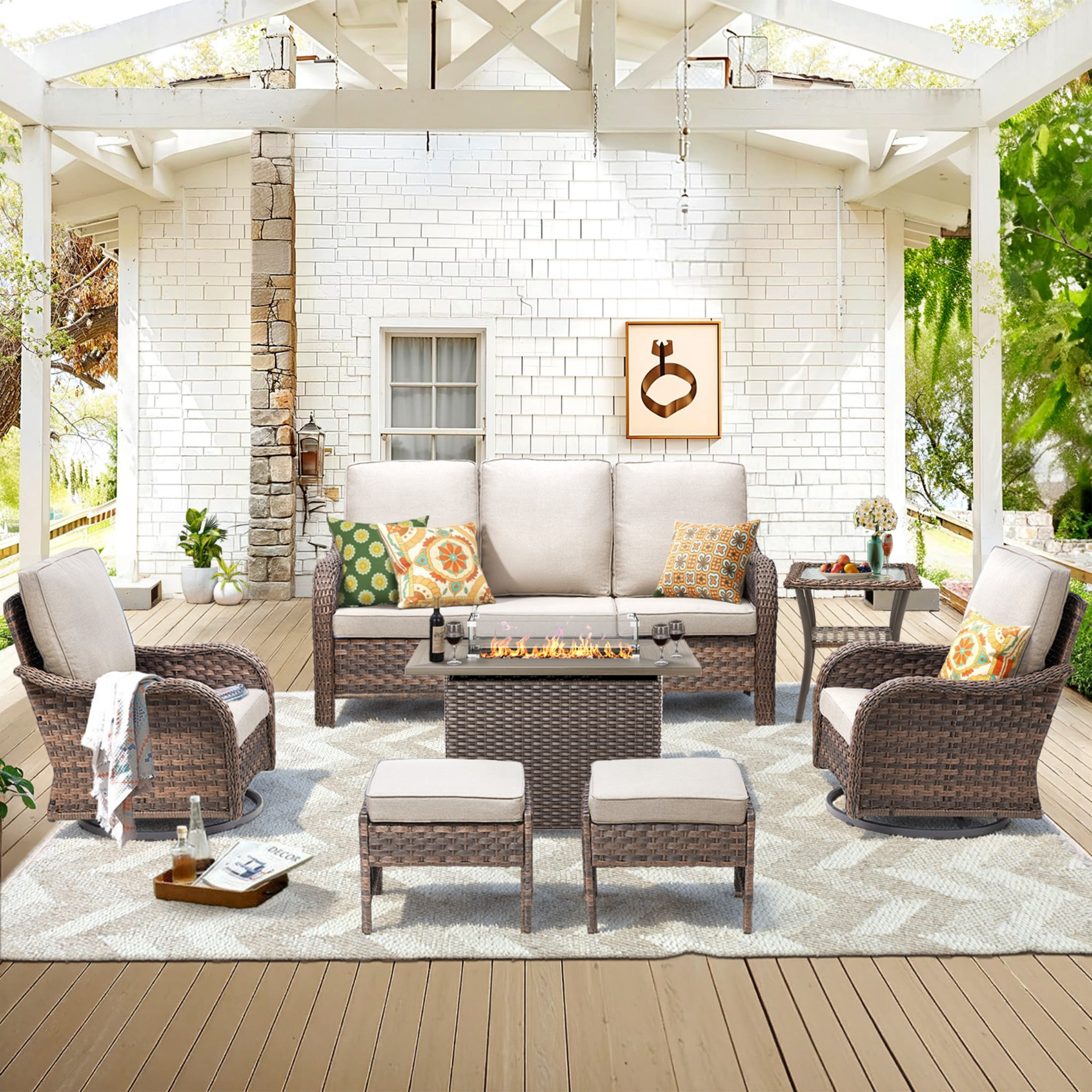 Unnifurnzi Patio Furniture Set with Fire Pit Table-7 Pieces All Weather ...