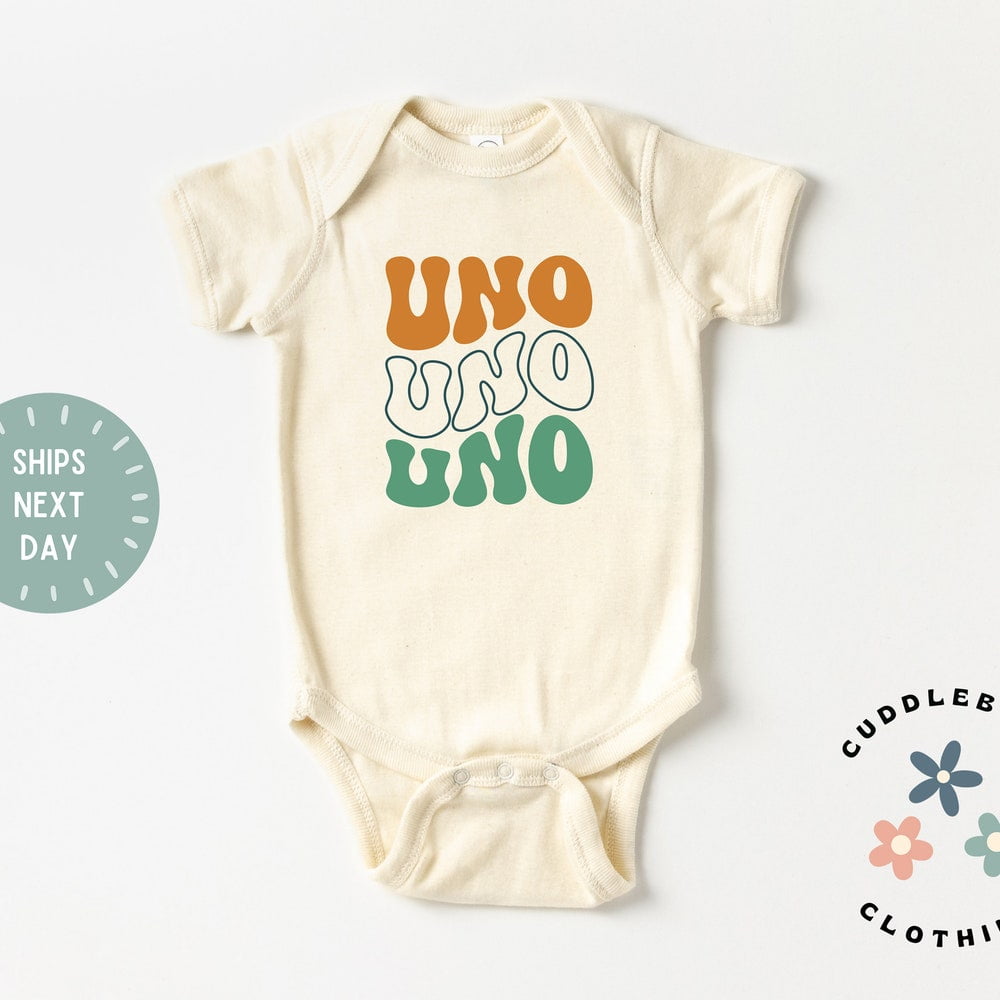 Uno First Birthday Baby Bodysuit, Retro Uno One Year Birthday Bodysuit ...