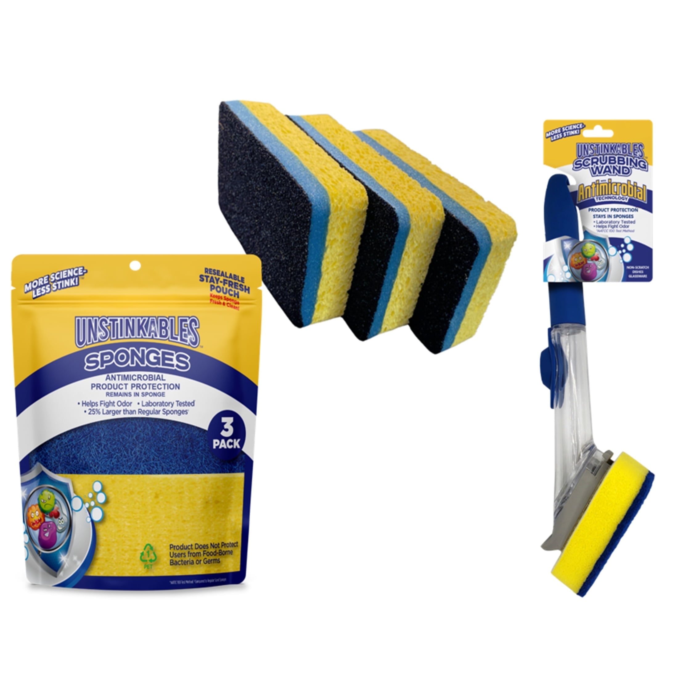 Unstinkables Antimicrobial Kitchen Sponges and Dish Wand Set, Oversized ...