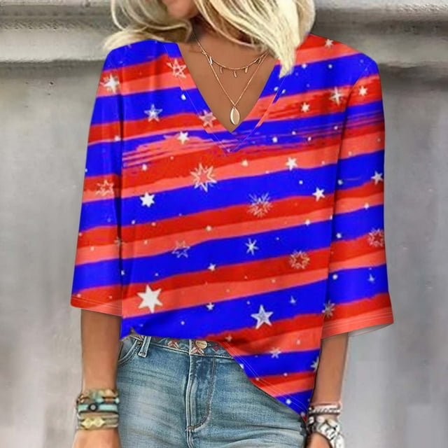 Uocefik 4th Of July Shirts For Women Casual 3 4 Sleeve Independence Day