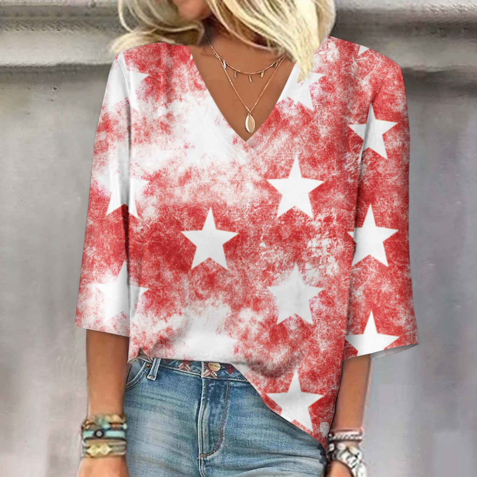 Uocefik 4th Of July Shirts For Women Casual 3 4 Sleeve Independence Day