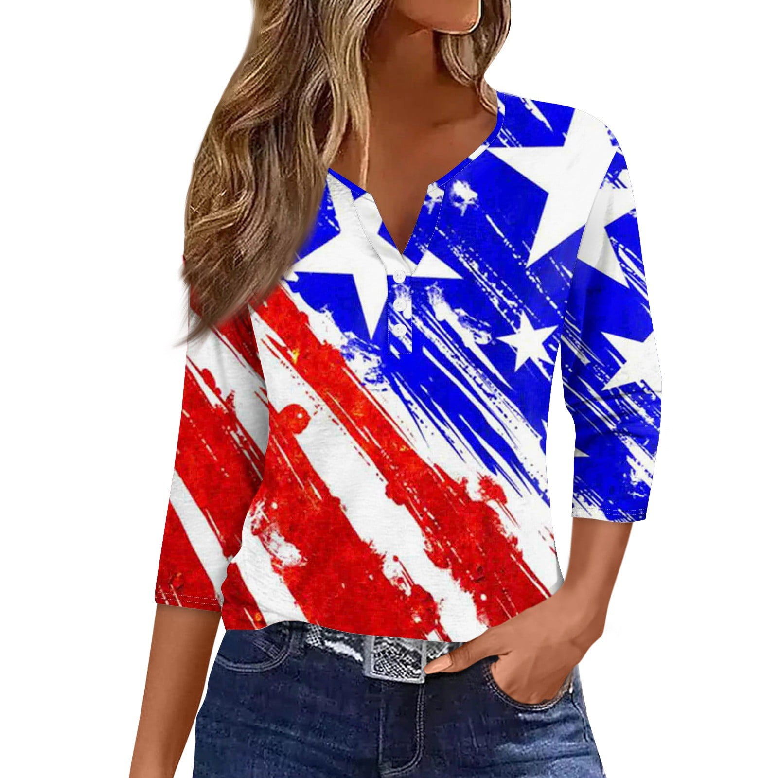Uocefik 4th Of July Shirts For Women Casual 3 4 Sleeve Patriotic