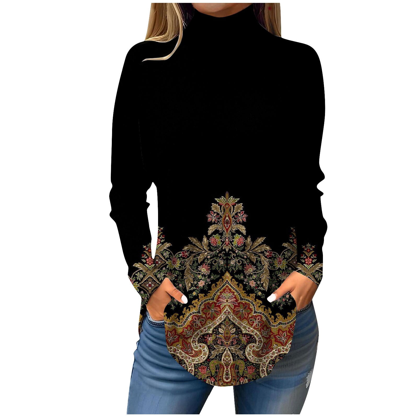 UoCefik Boho Shirts for Women Long Sleeve Turtleneck Tunic Tops Plus ...