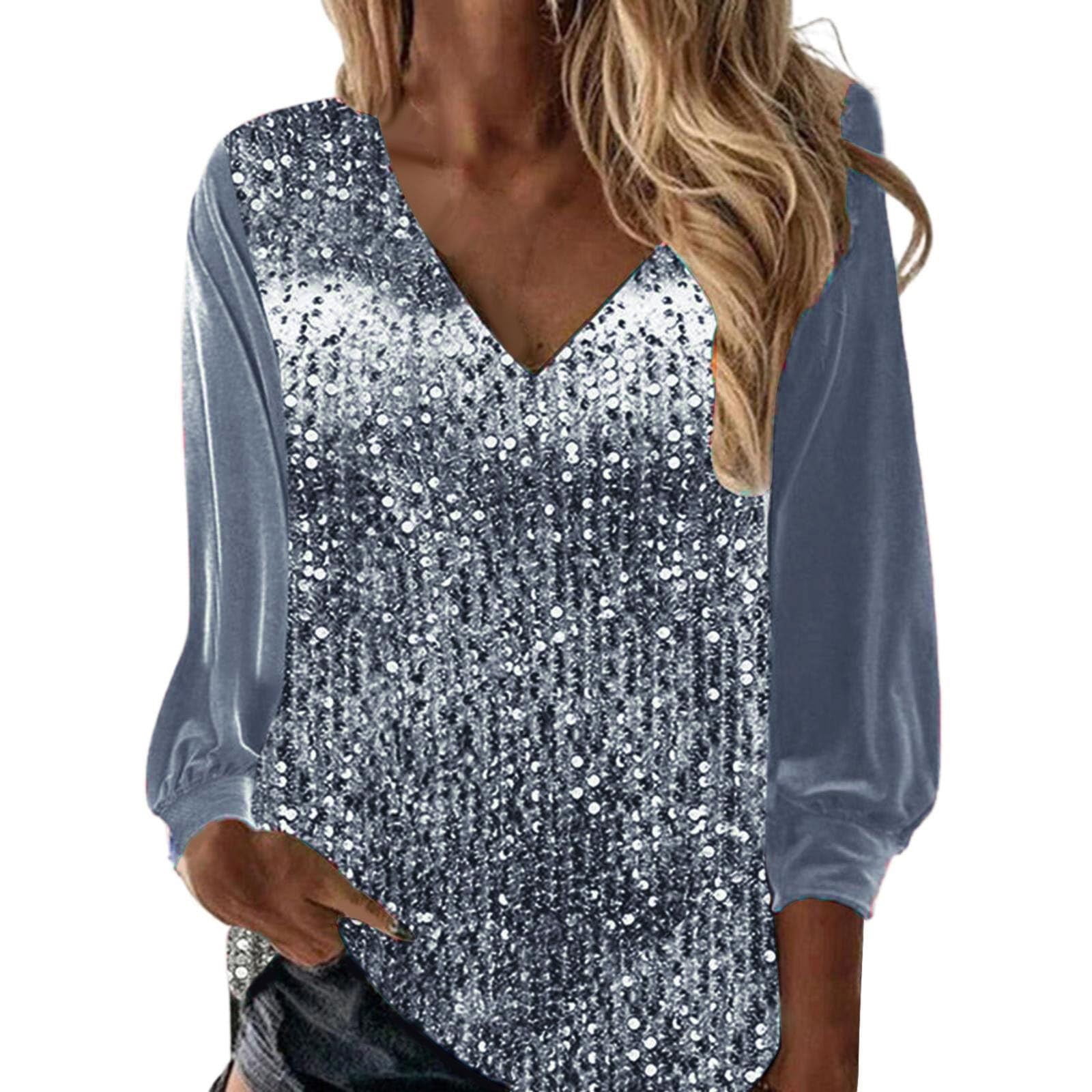 UoCefik Dressy Sequin Blouses for Women Plus Size Loose Fit Long Sleeve ...