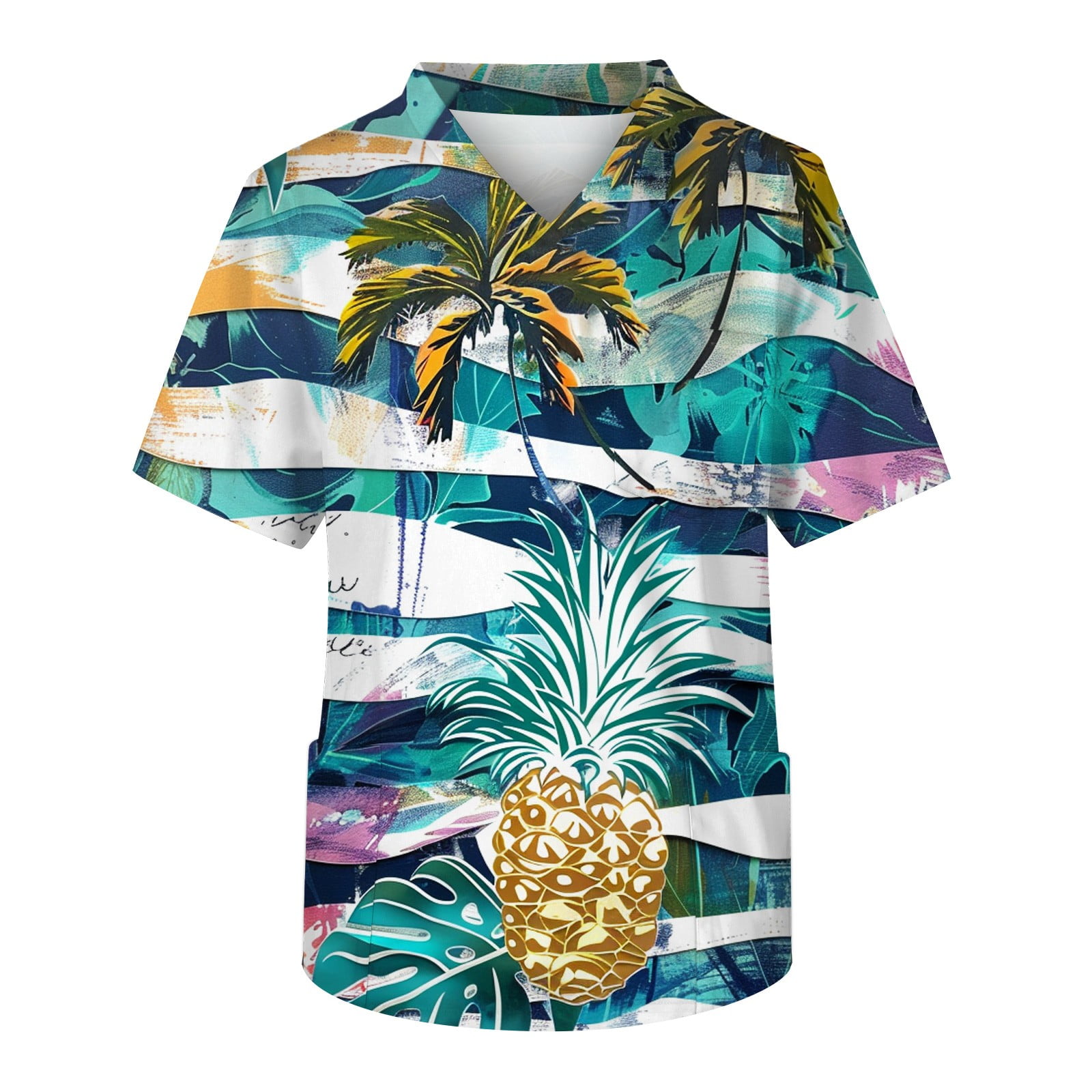 UoCefik Hawaiian Men Scrubs Top Western Casual V Neck Tropical Print ...