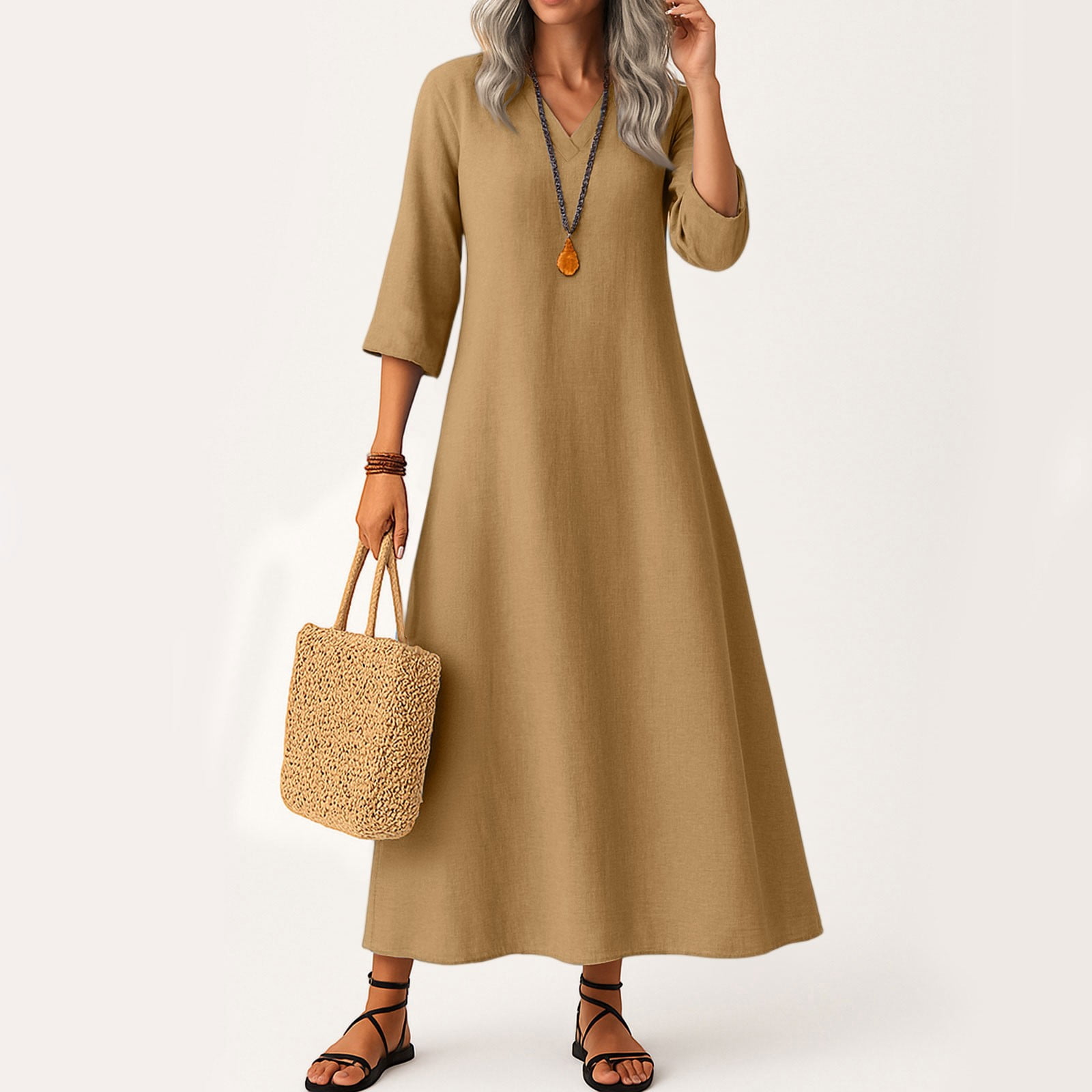 UoCefik Linen Maxi Dresses for Women 2025 Trendy V Neck Flowy Dress ...