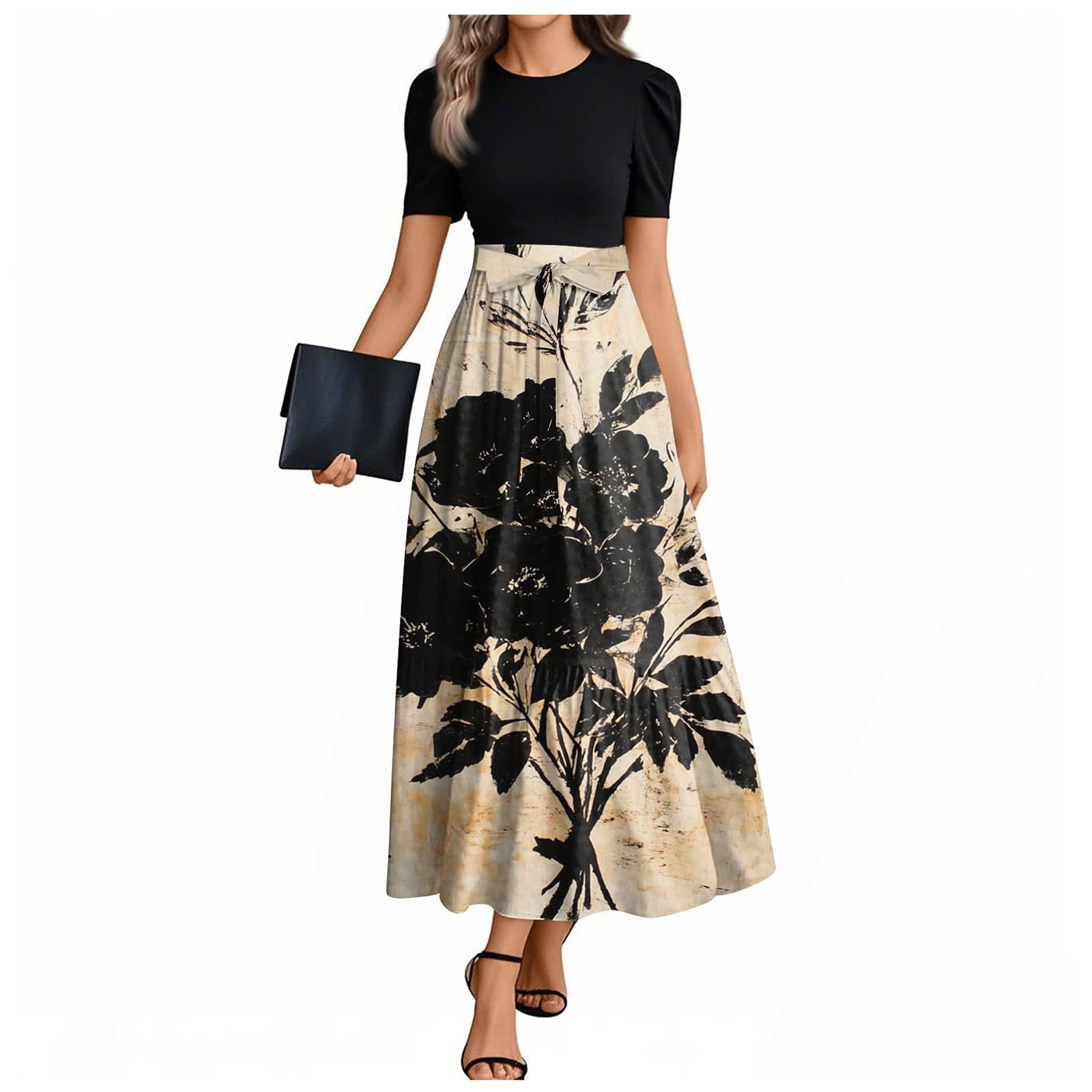 UoCefik Maxi Sundresses For Women Summer Floral Short Sleeve Long ...