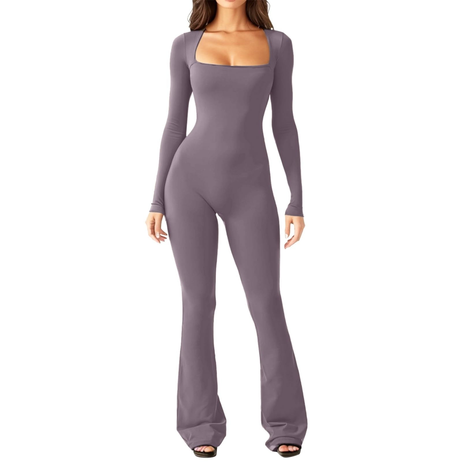 Uocefik One Piece Workout Jumpsuits For Women Square Neck Long Sleeve