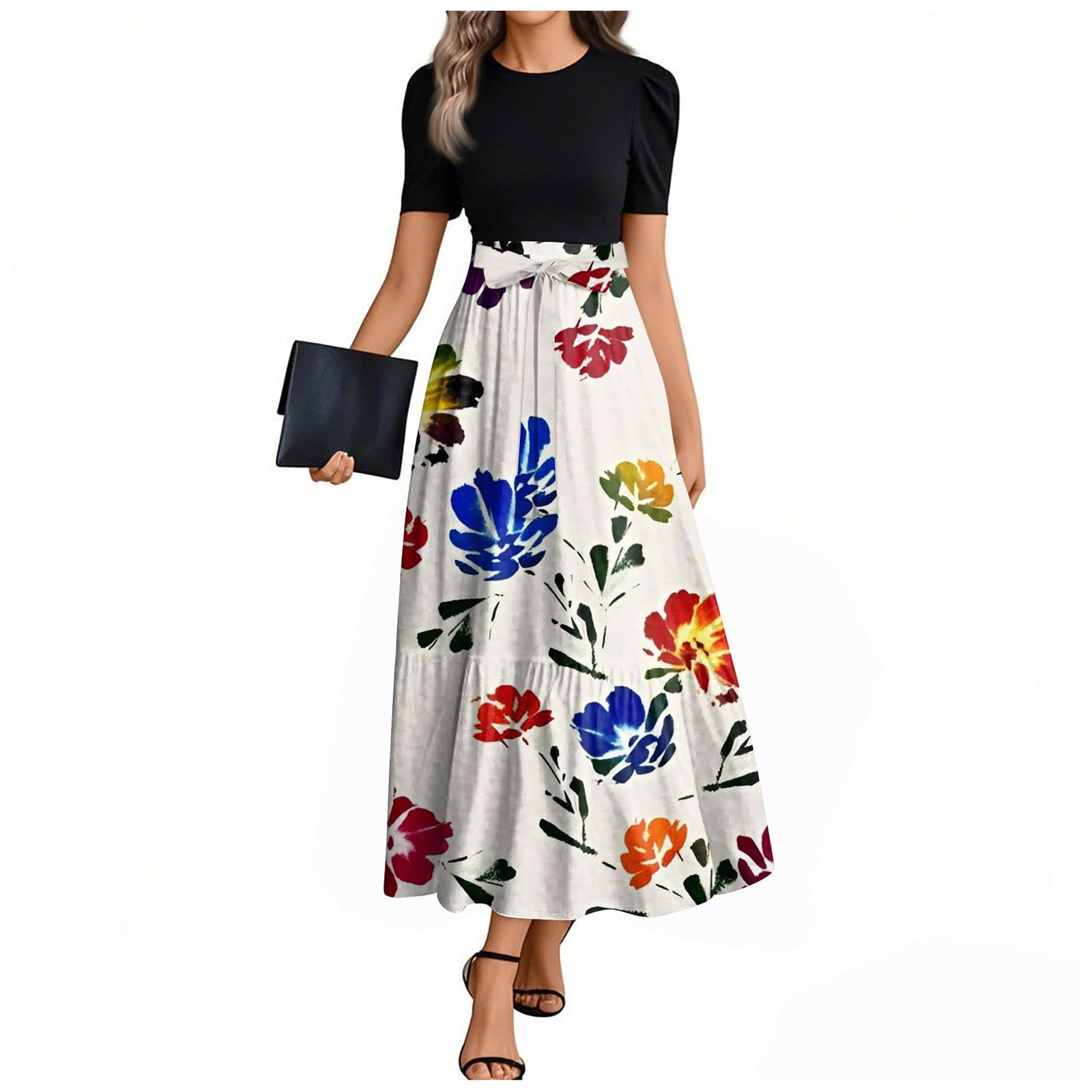 UoCefik Plus Size Spring Dresses Flowy Floral Print Short Sleeve ...
