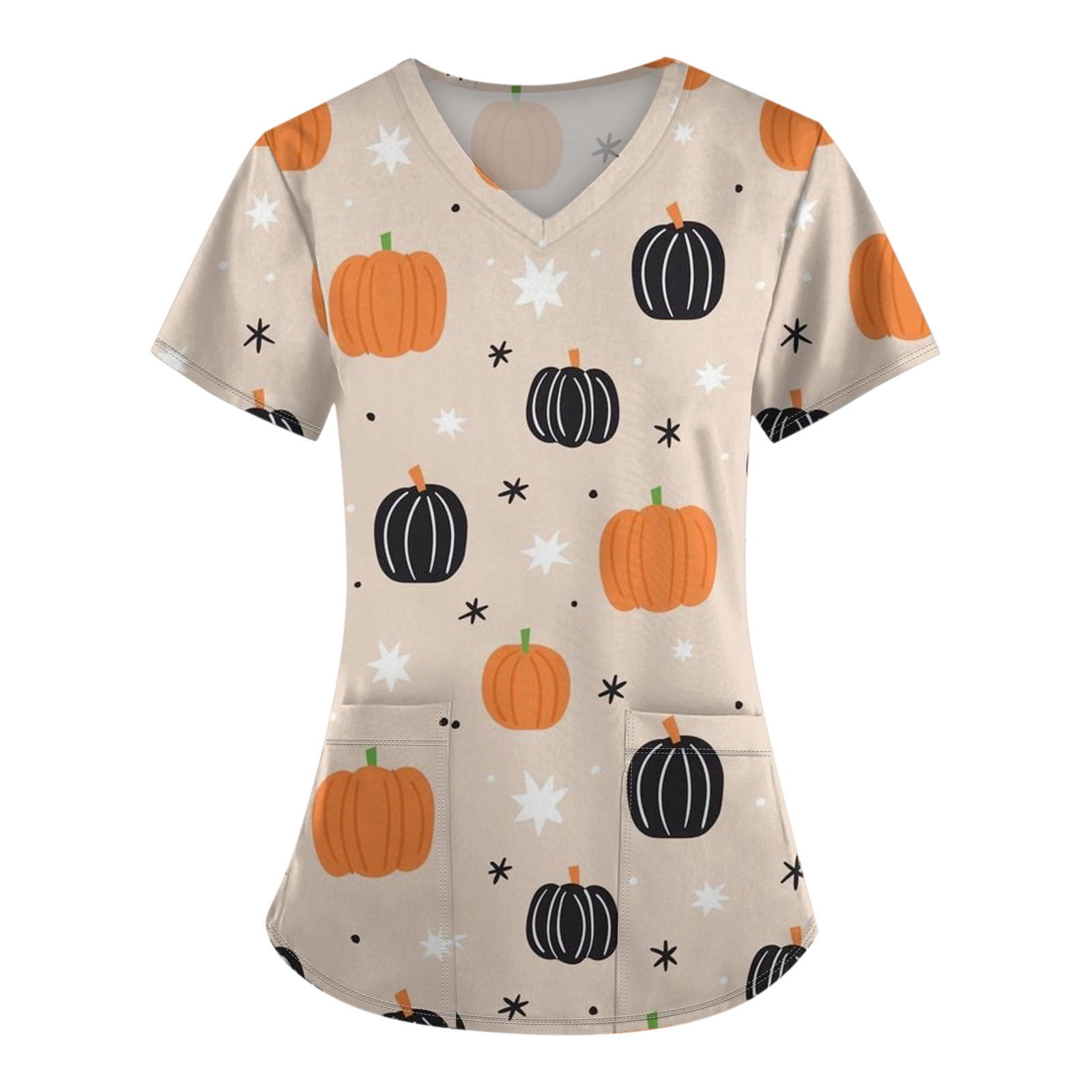 UoCefik Printed Scrub Tops Women Stretchy Halloween Bat Print Short ...