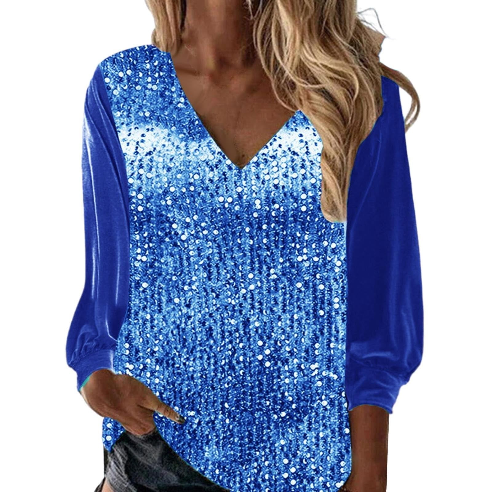 UoCefik Sequin Top Plus Size Women Holiday V Neck Sparkly Glitter ...