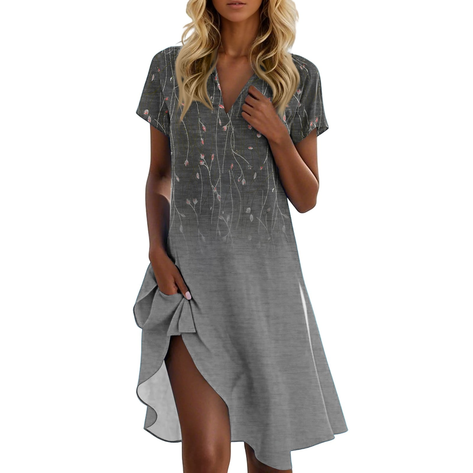 UoCefik Short Dark Gray Dresses Summer Short Sleeve V Neck Flowy Dress ...