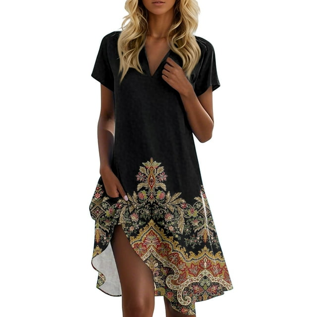 UoCefik Spring Mini Dresses For Women 2025 Loose Fit Short Sleeve V ...