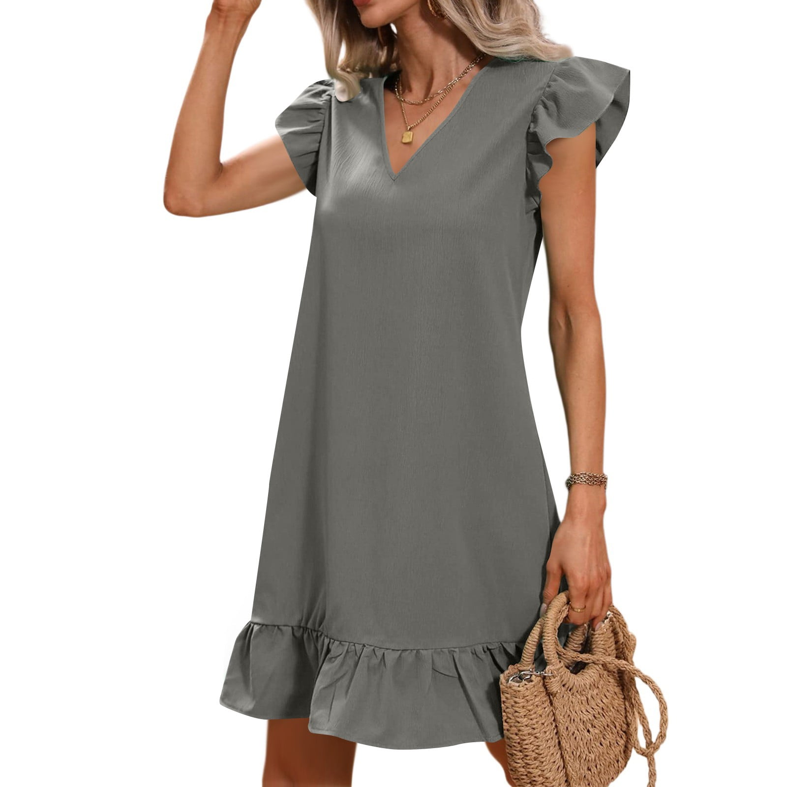 UoCefik Spring Summer Dresses for Women 2025 V Neck Cap Sleeve Ruffle Hem Smock Short Casual ...