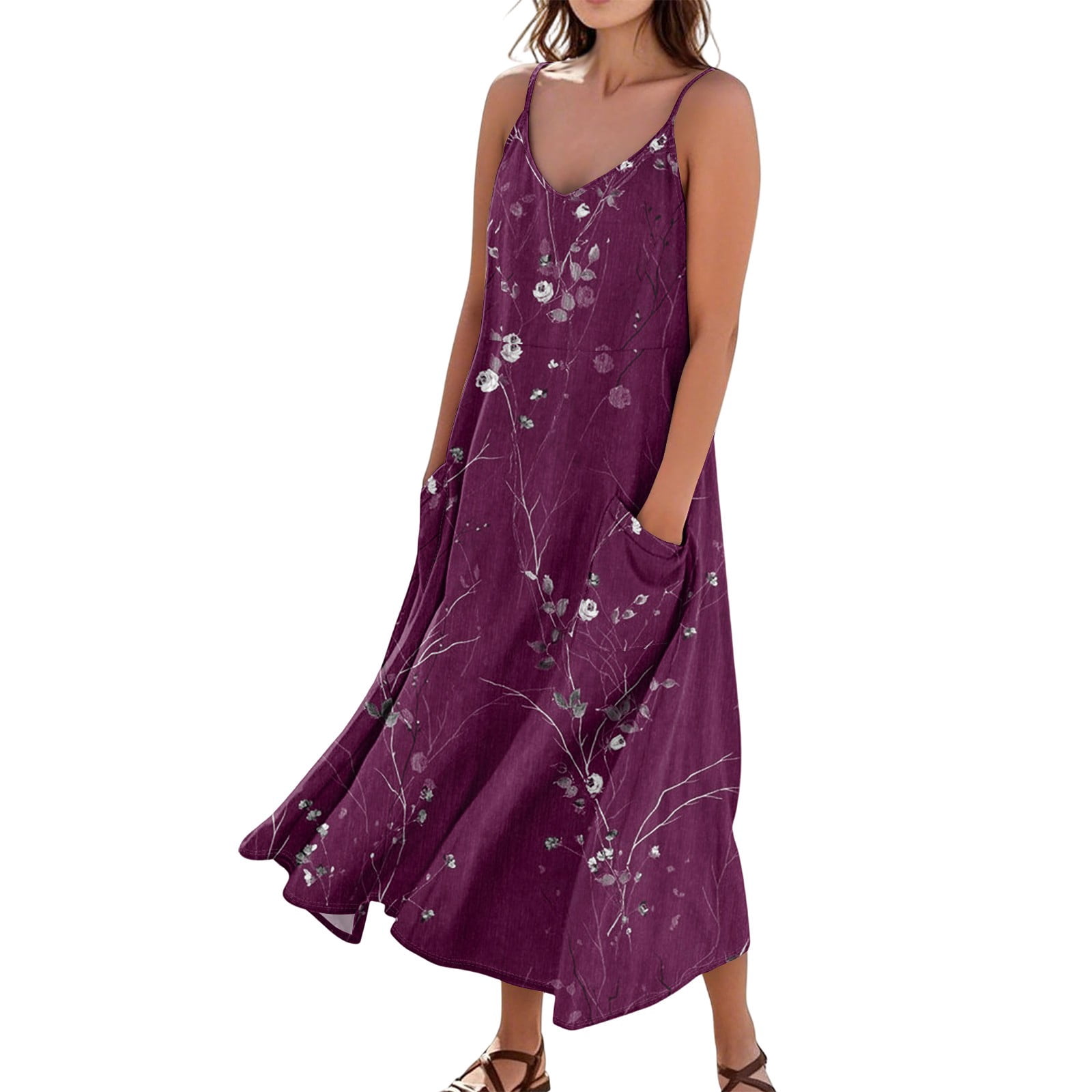 UoCefik Summer Dresses Maxi Dress Floral Sleeveless Spaghetti Strap ...