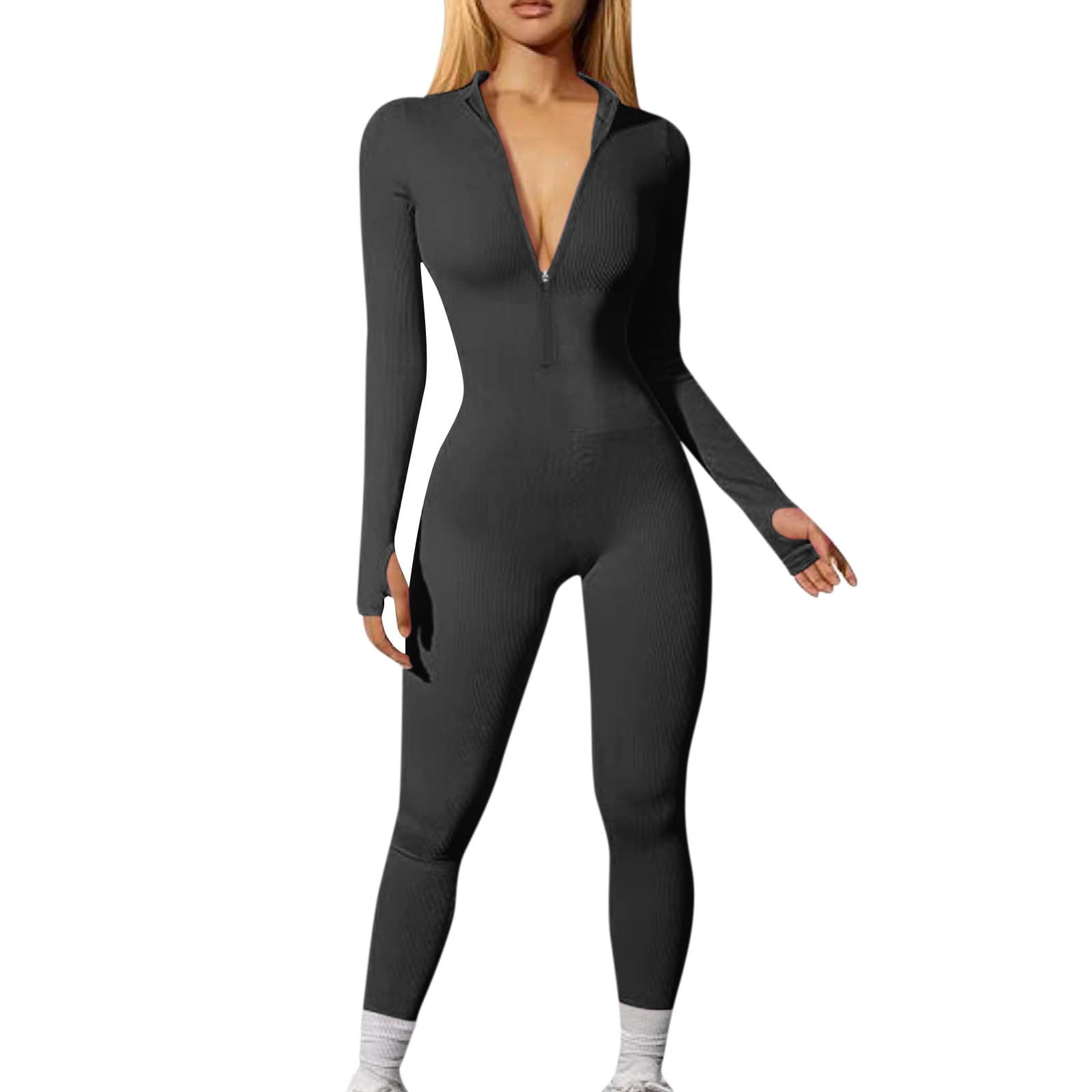 UoCefik Thumbhole Ribbed Zip Front Bodycon Long Sleeve Workout Full ...