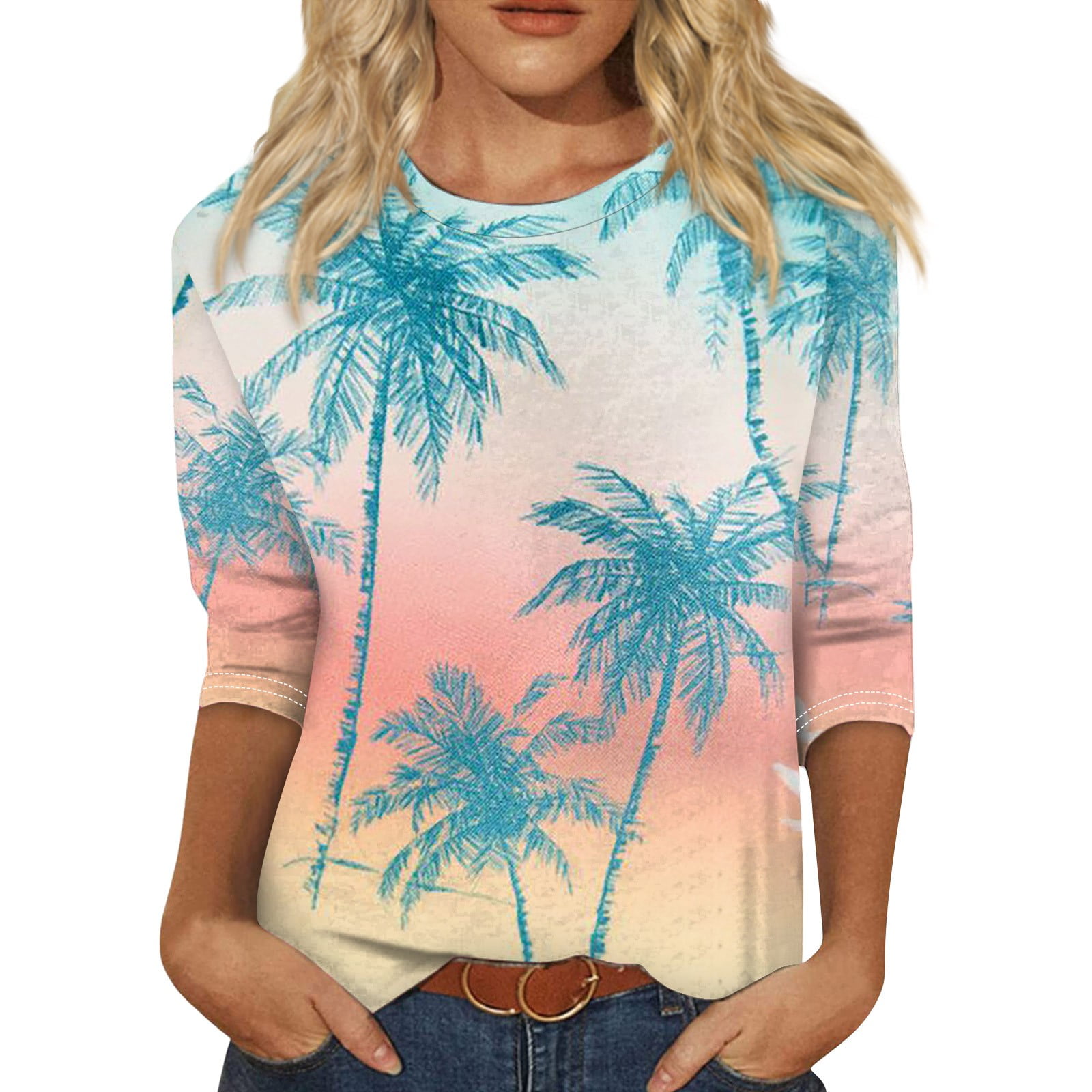 UoCefik Tropical Print "women's 3/4 sleeve tee shirts" Boho Hawaiian ...