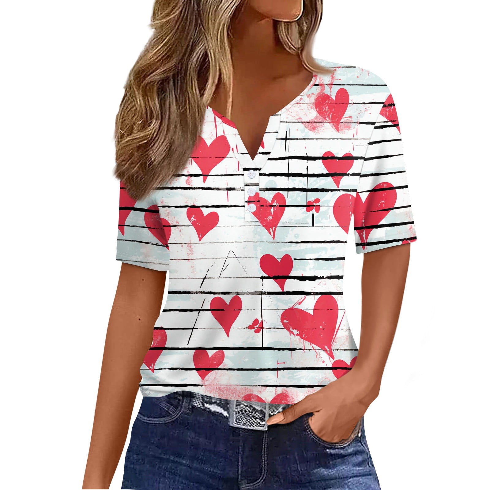 UoCefik Valentine Day Shirts for Women Cute Heart Print 3/4 Sleeve Tops Plus Size V Neck ...