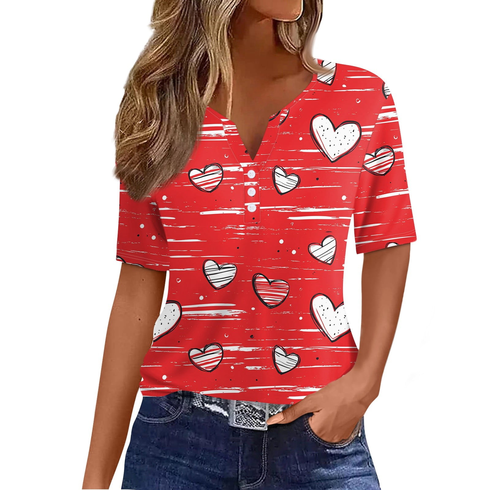 UoCefik Valentine Shirts for Women Pink Cute Heart Print Tees 3/4 ...