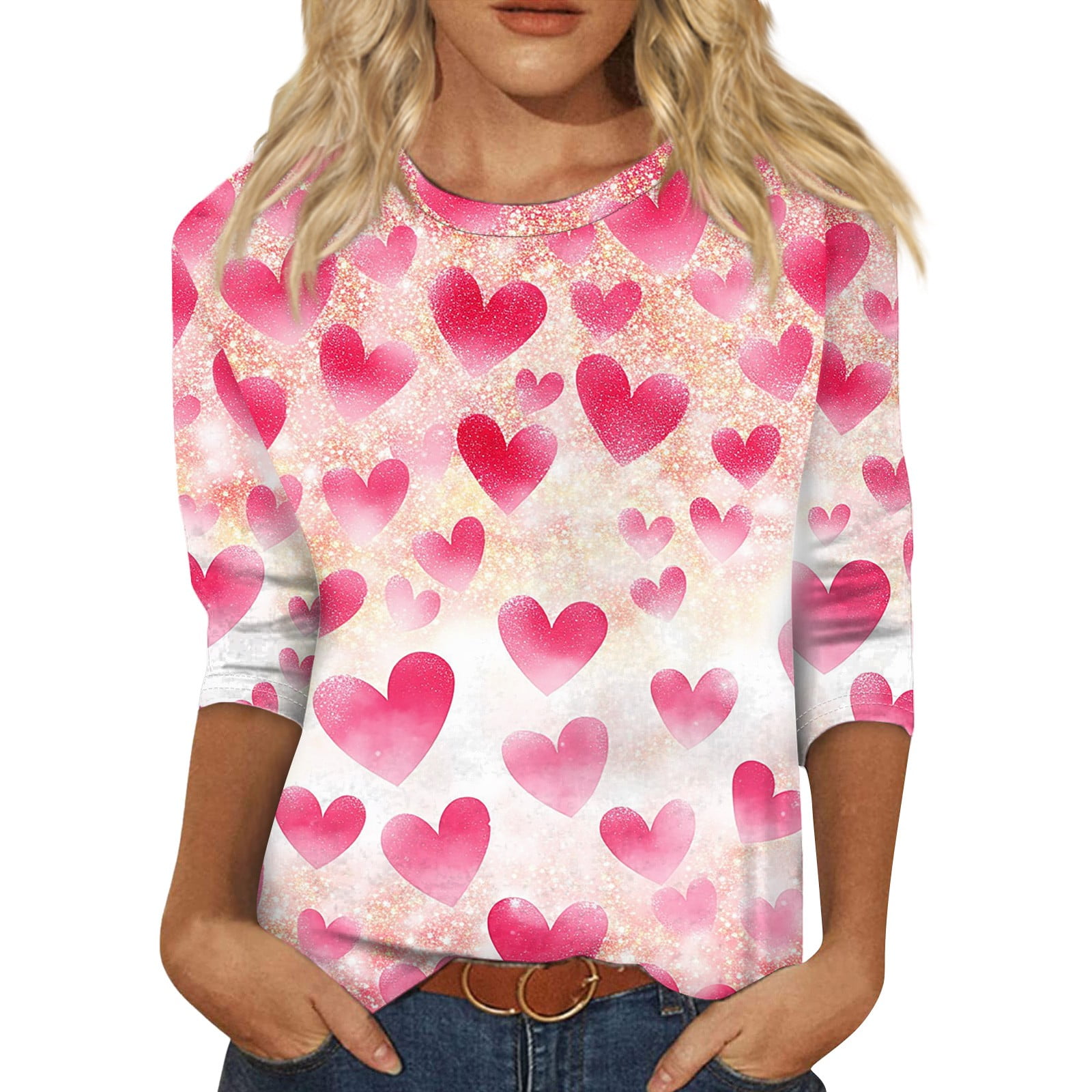 UoCefik Valentines Day Long Sleeve Shirts for Women Vintage Heart Printed 3/4 Sleeve Tops Gift ...