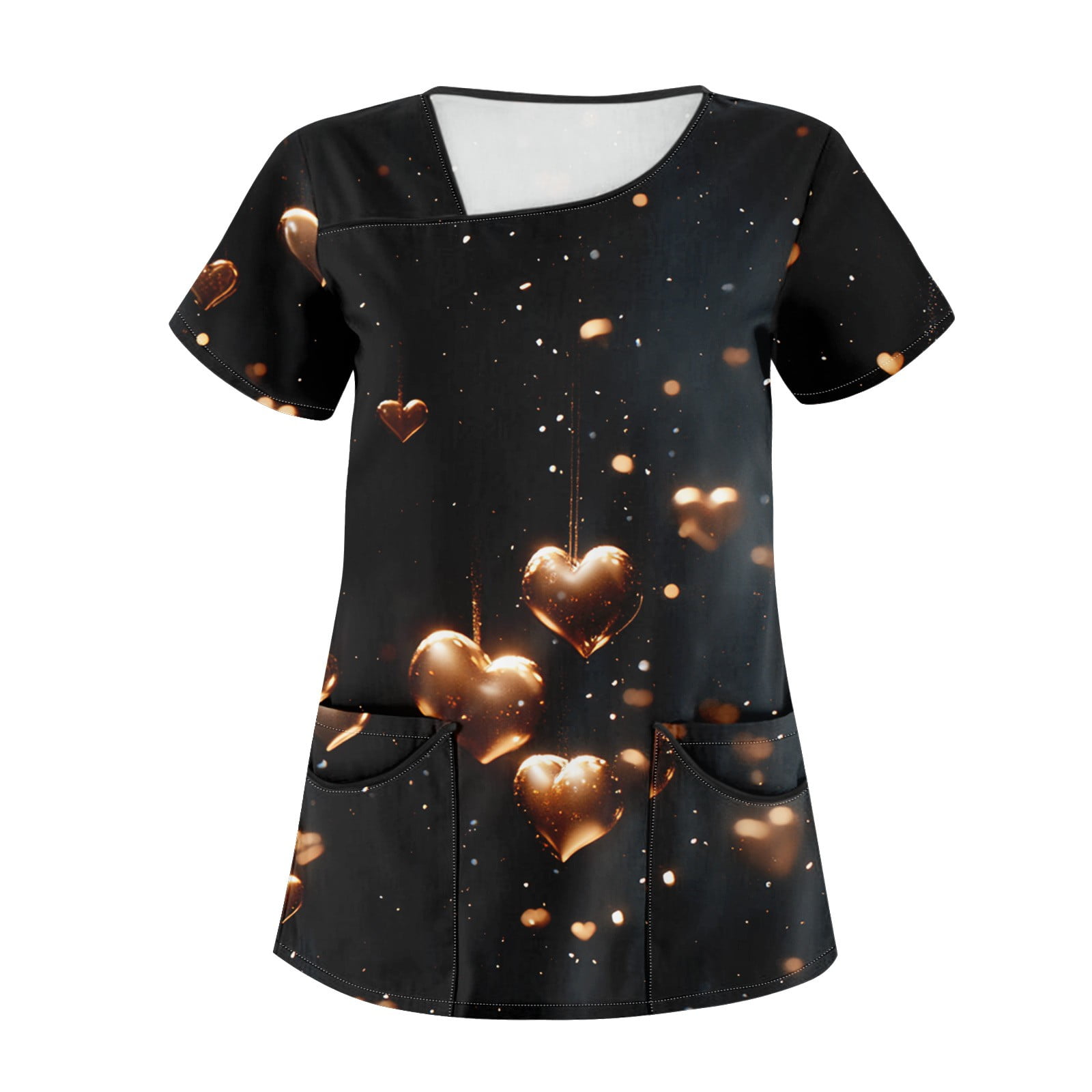 UoCefik Valentines Womens Scrub Tops Prints V-Neck Fashion Heart Print ...