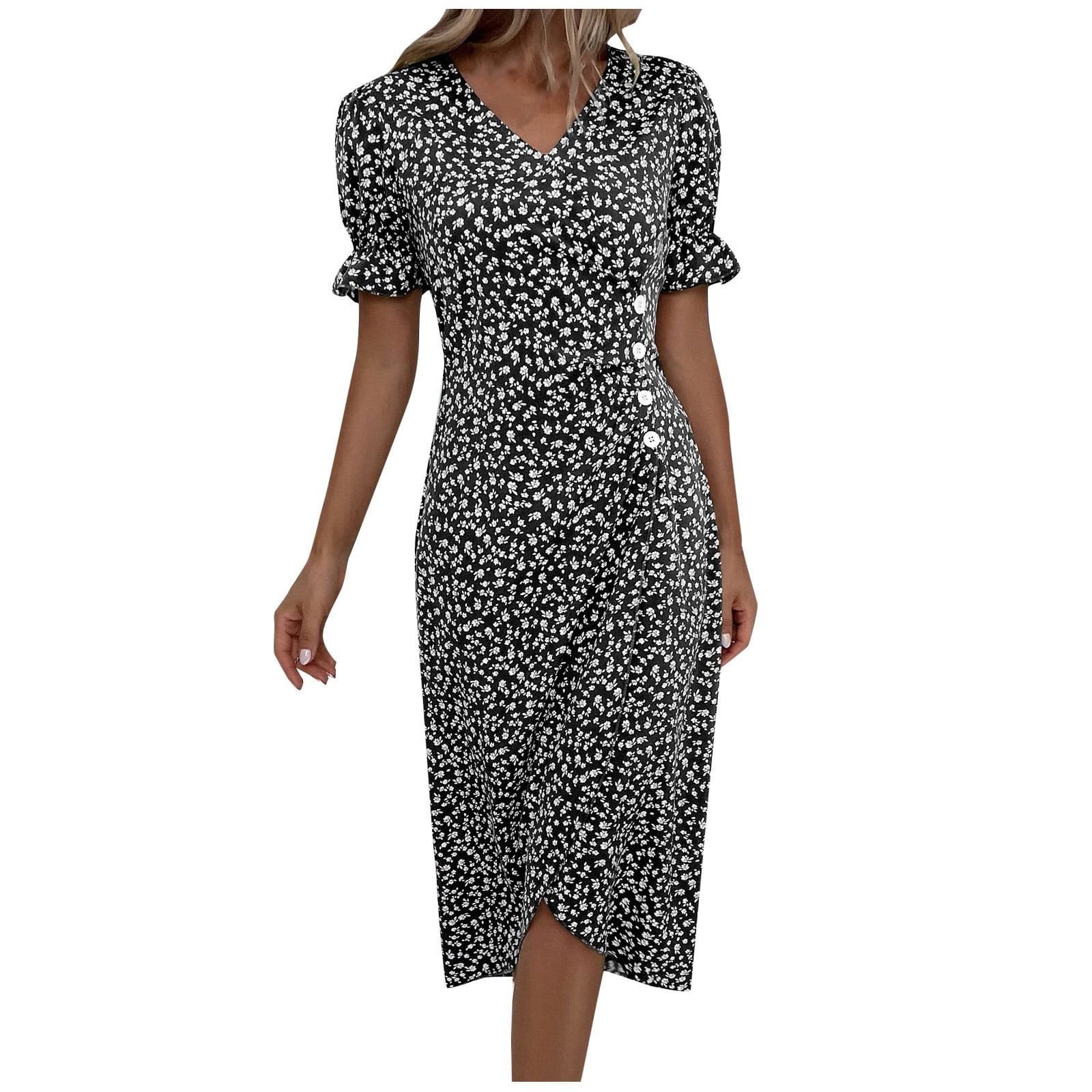 UoCefik Women's Summer Wrap Dresses Floral Print Button V-Neck Polka ...