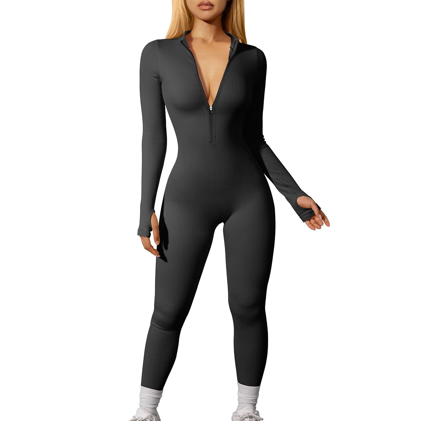 Uocefik Womens Jumpsuits Unitard Long Sleeve Zip Up One Piece Jumpsuit Workout V Neck Sexy