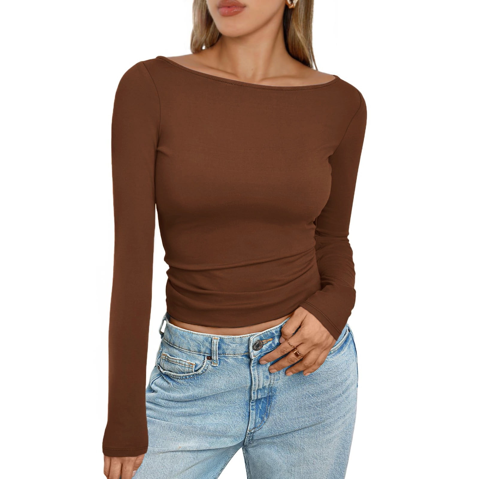 UoCefik Womens Long Sleeve Shirts Basic Crop Tops Tight Slim Fit Cute ...