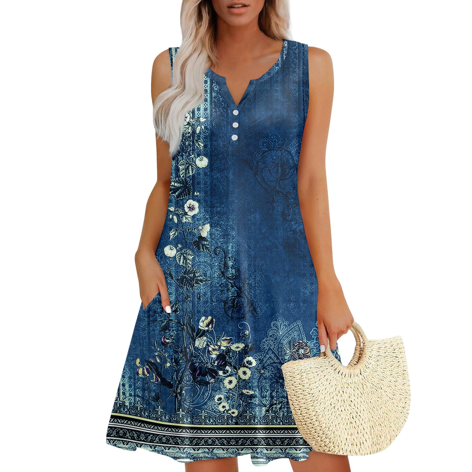 UoCefik Womens Summer Dress 2025 Casual Solid/Floral Button Down V Neck ...