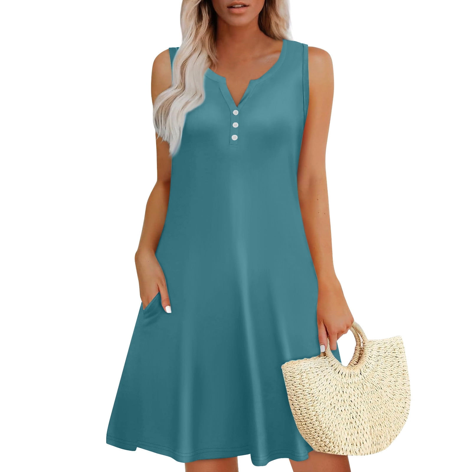 UoCefik Womens Summer Dress 2025 Casual Solid/Floral Button Down V Neck ...