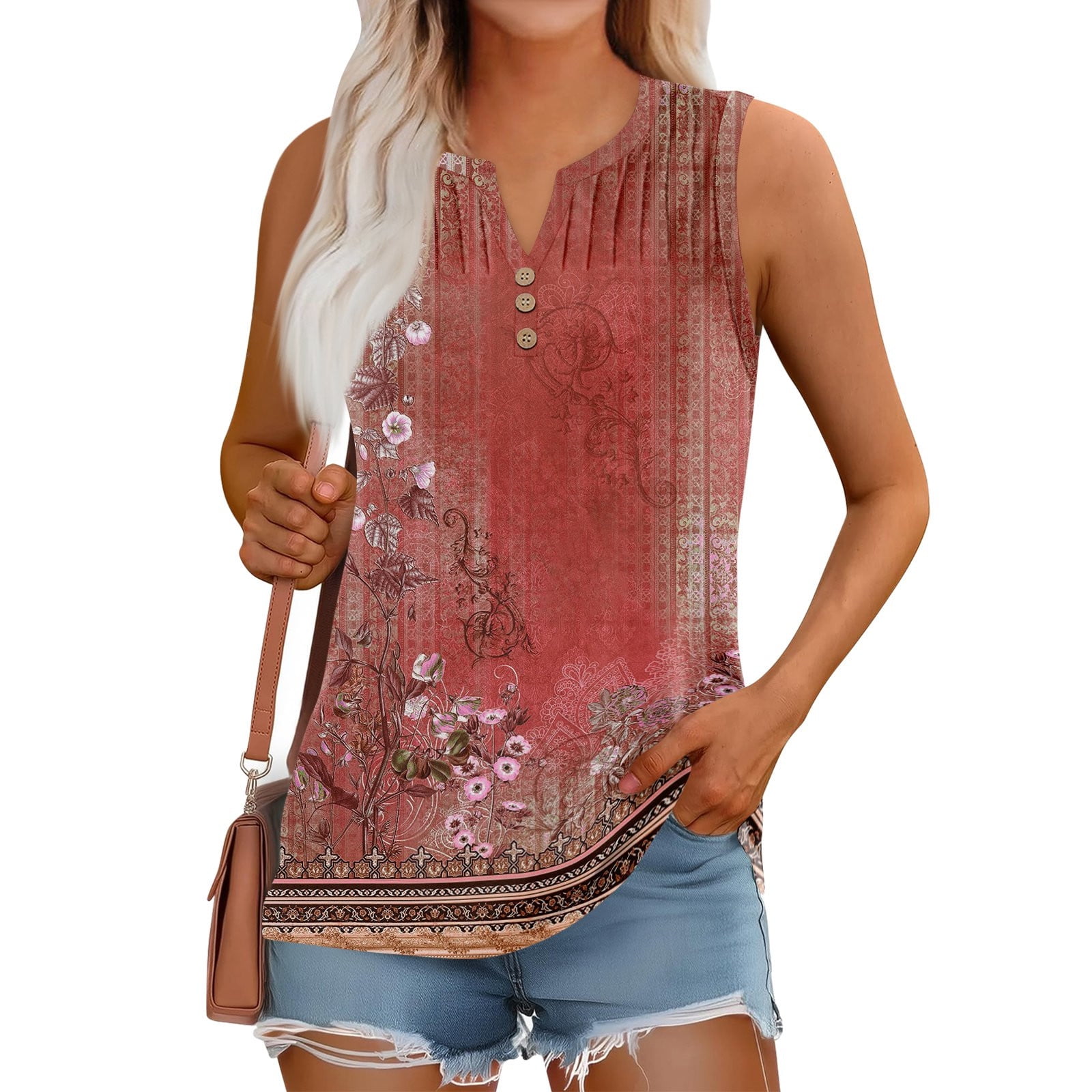 UoCefik Womens Summer Tank Tops Pleated V Neck Floral Gradient Loose ...