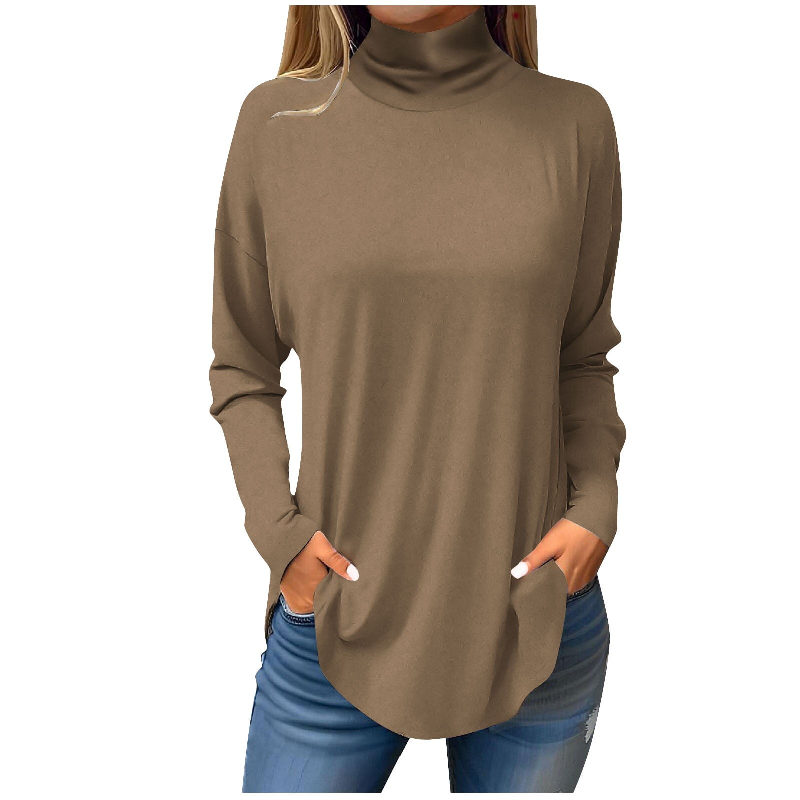 UoCefik Womens Tops Long Sleeve Tunic Turtleneck Shirts Plus Size Solid ...