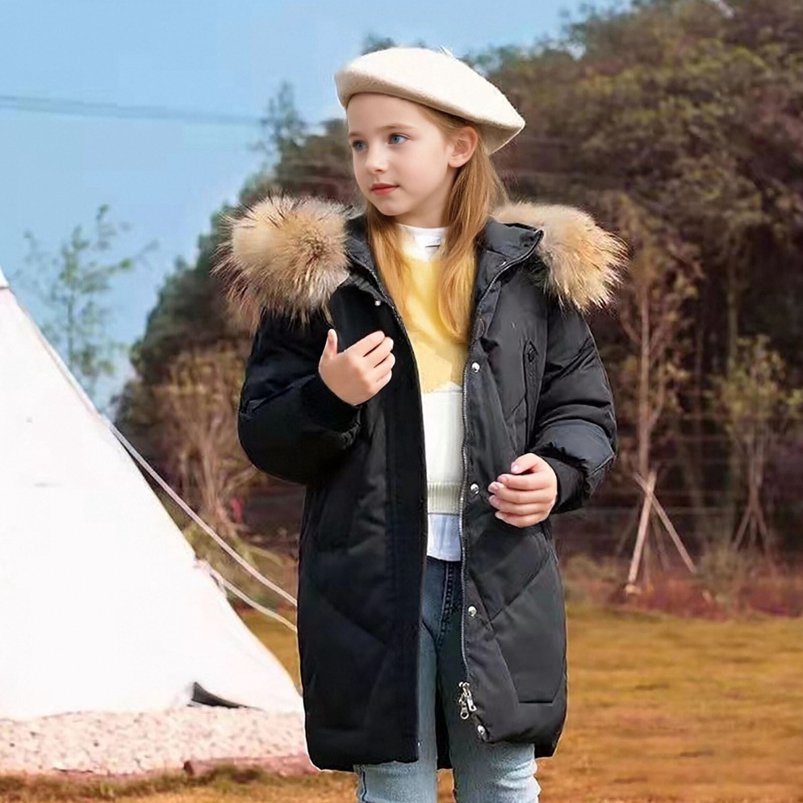 Uobin Girls Long Faux Fur Trim Hooded Puffer Coat, Full-Length Winter ...