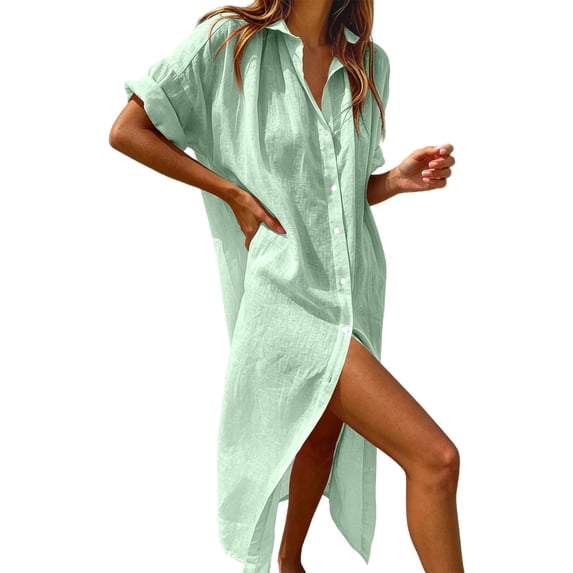 Uobin Swimsuit Coverup for Women Long Dress V Neck Linen Shirt Casual ...