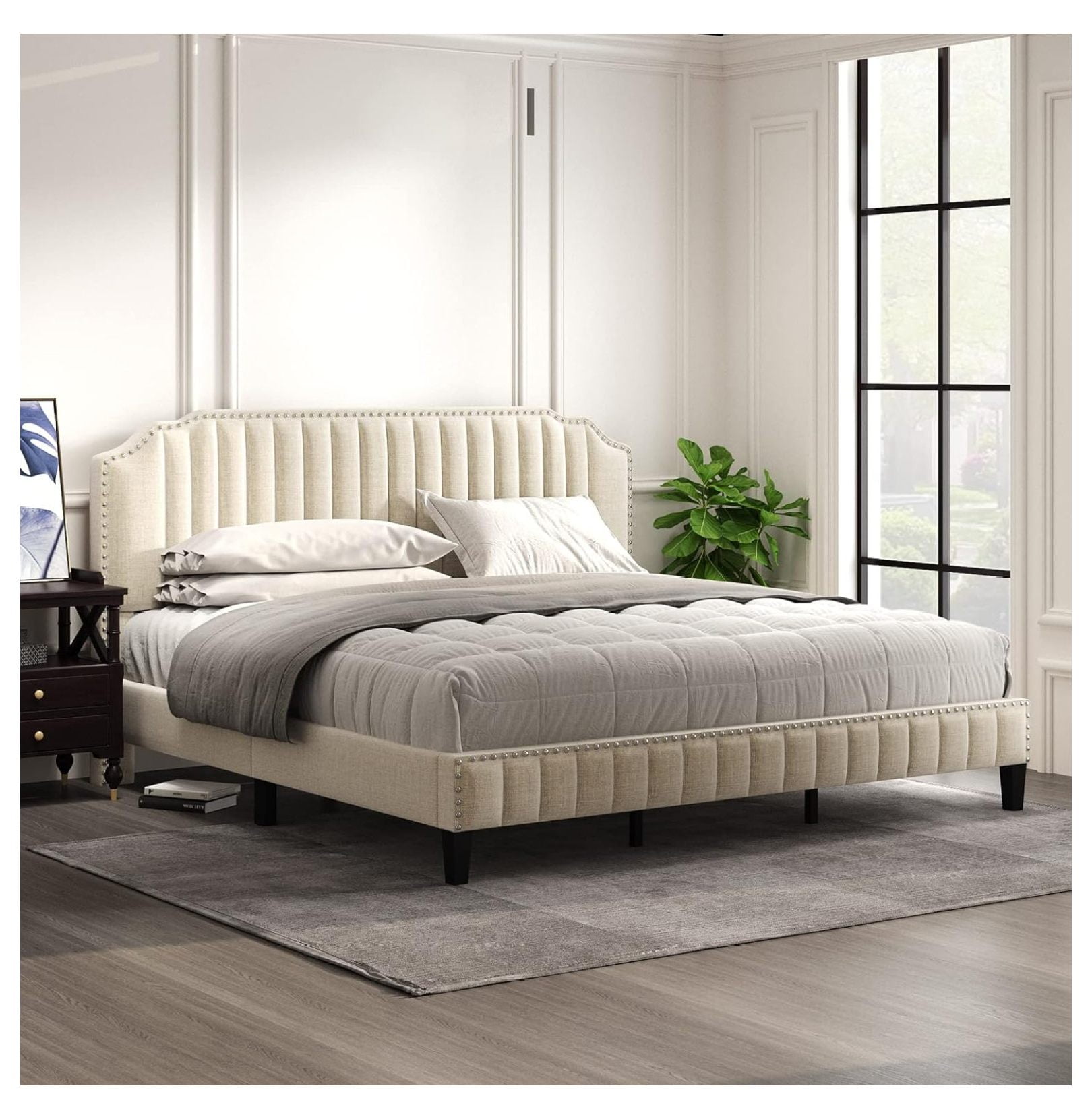 Uoomi Queen Upholstered Platform Bed With Headboard Modern Linen