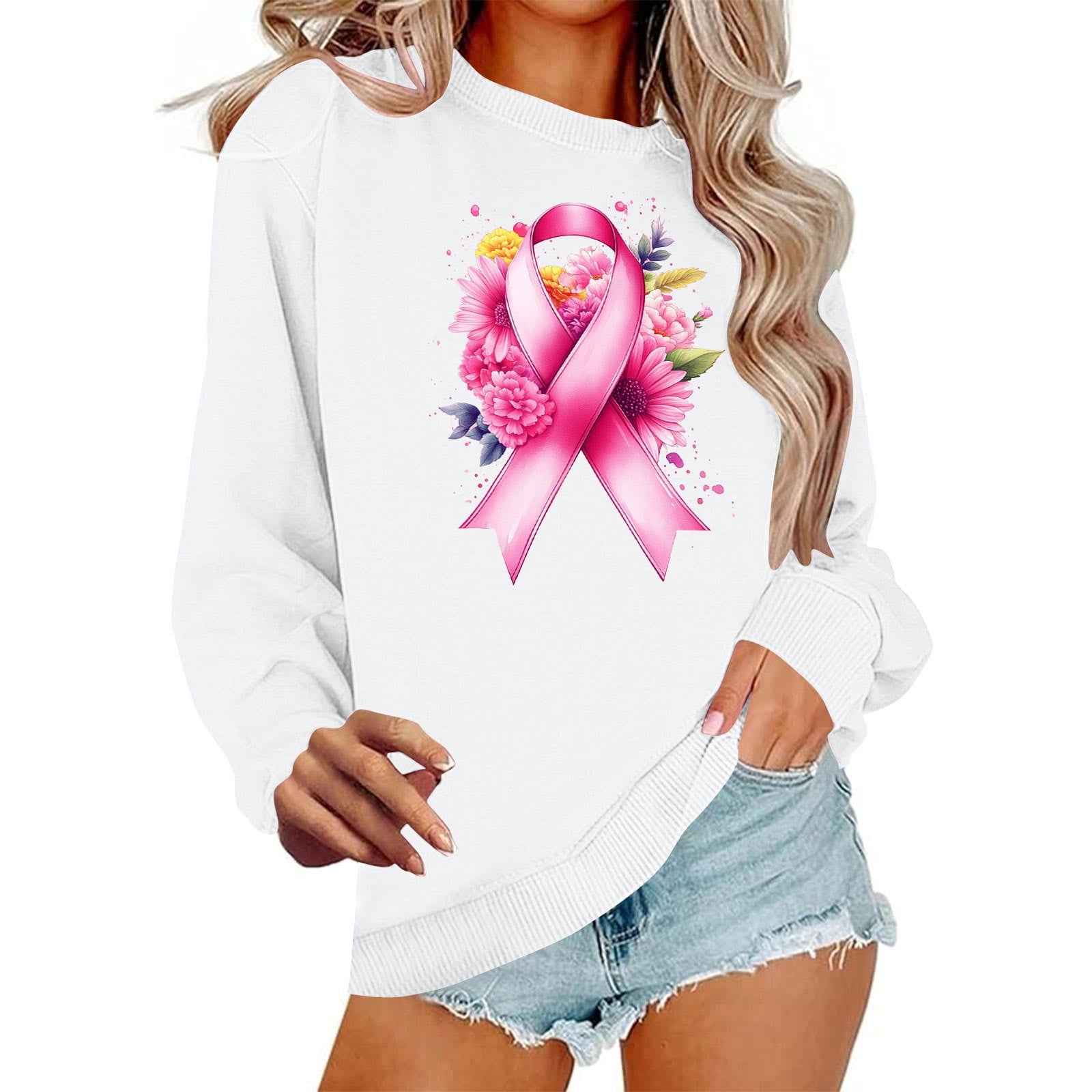 Uoodti Long Sleeve Tops for Women Breast Cancer Awareness Round Neck ...