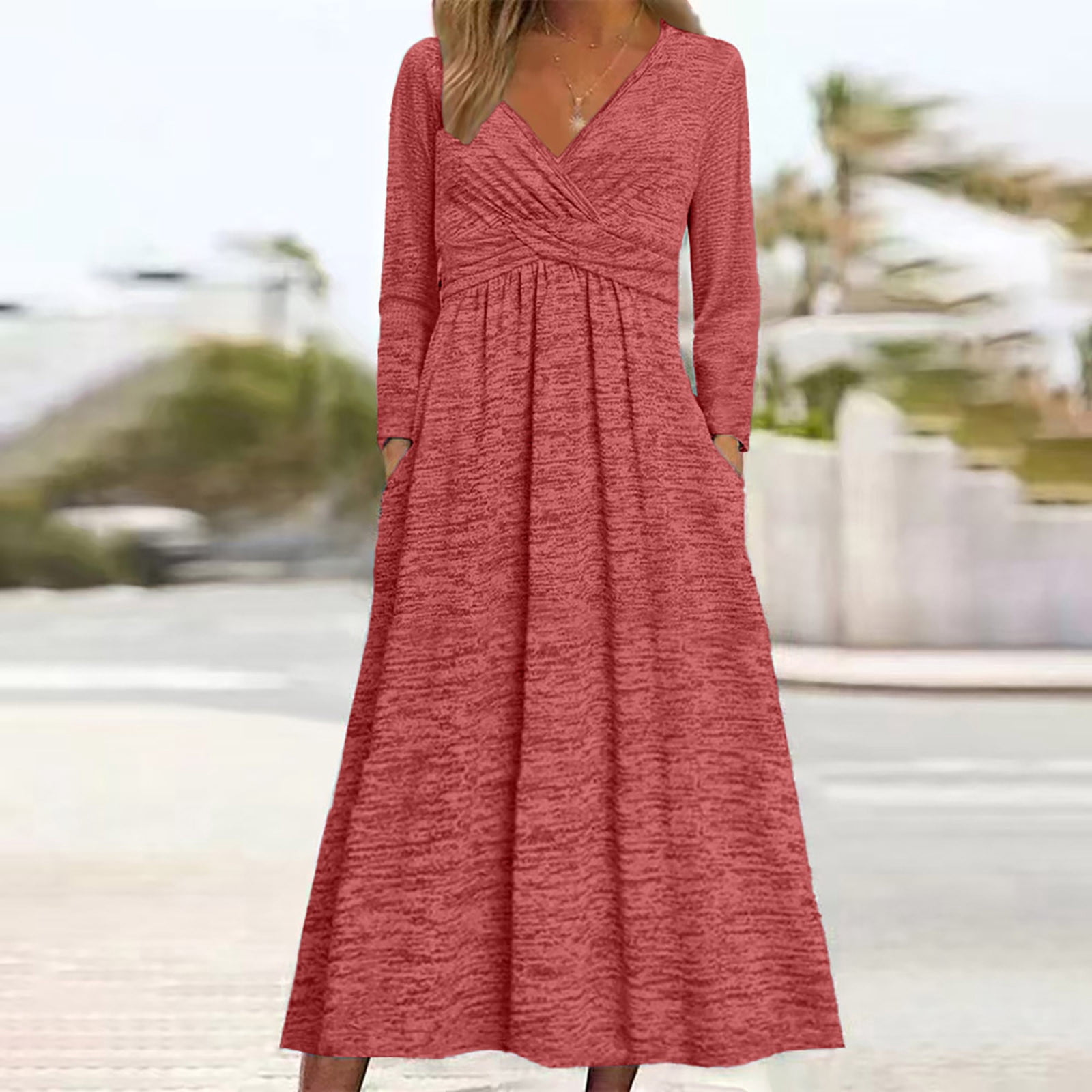 Uoodti Women's Casual Long Sleeve Maxi Gift Dress Ruched Cross V Neck ...