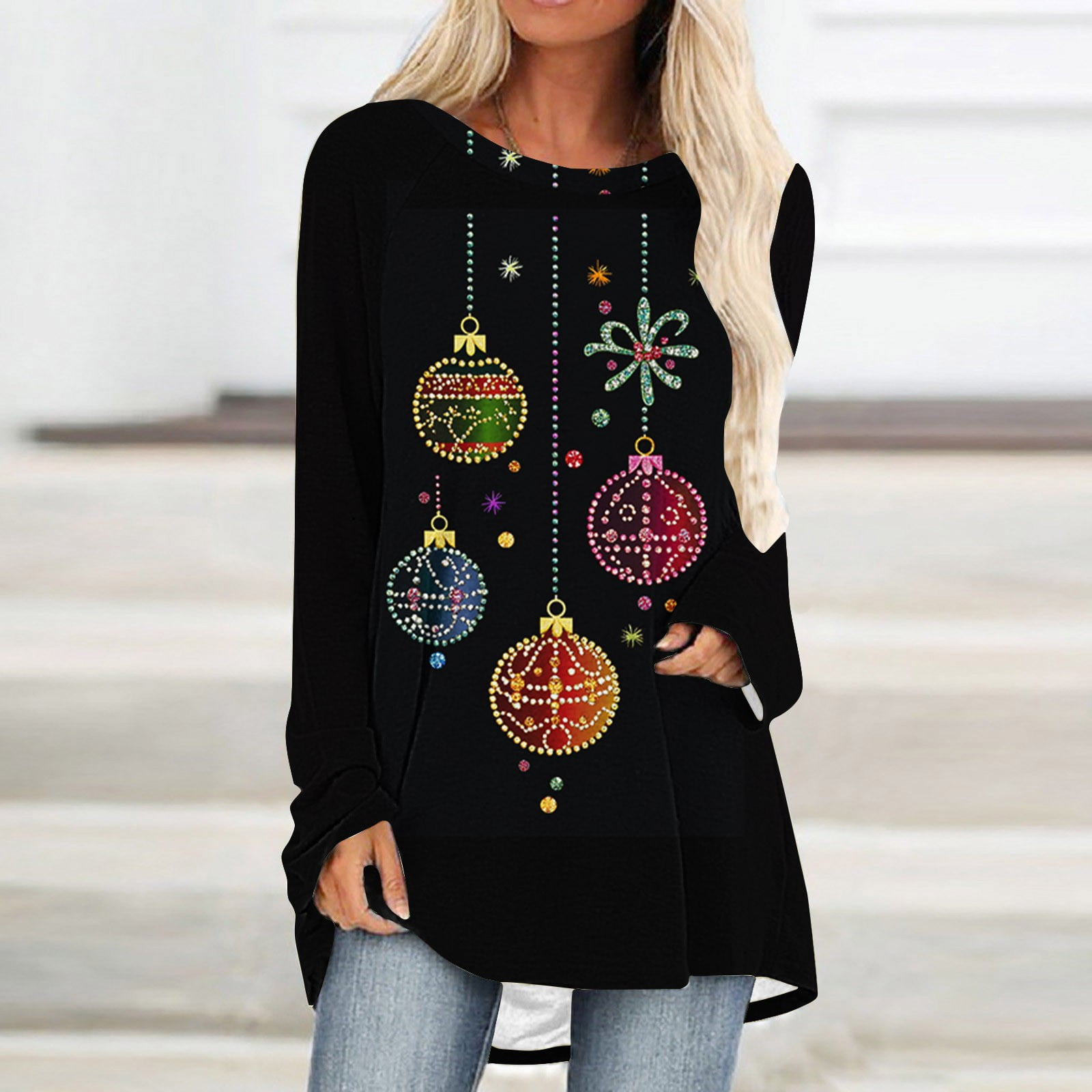Uootdi Christmas Gifts Plus Size Long Sleeve Shirts Womens Xmas Tree ...