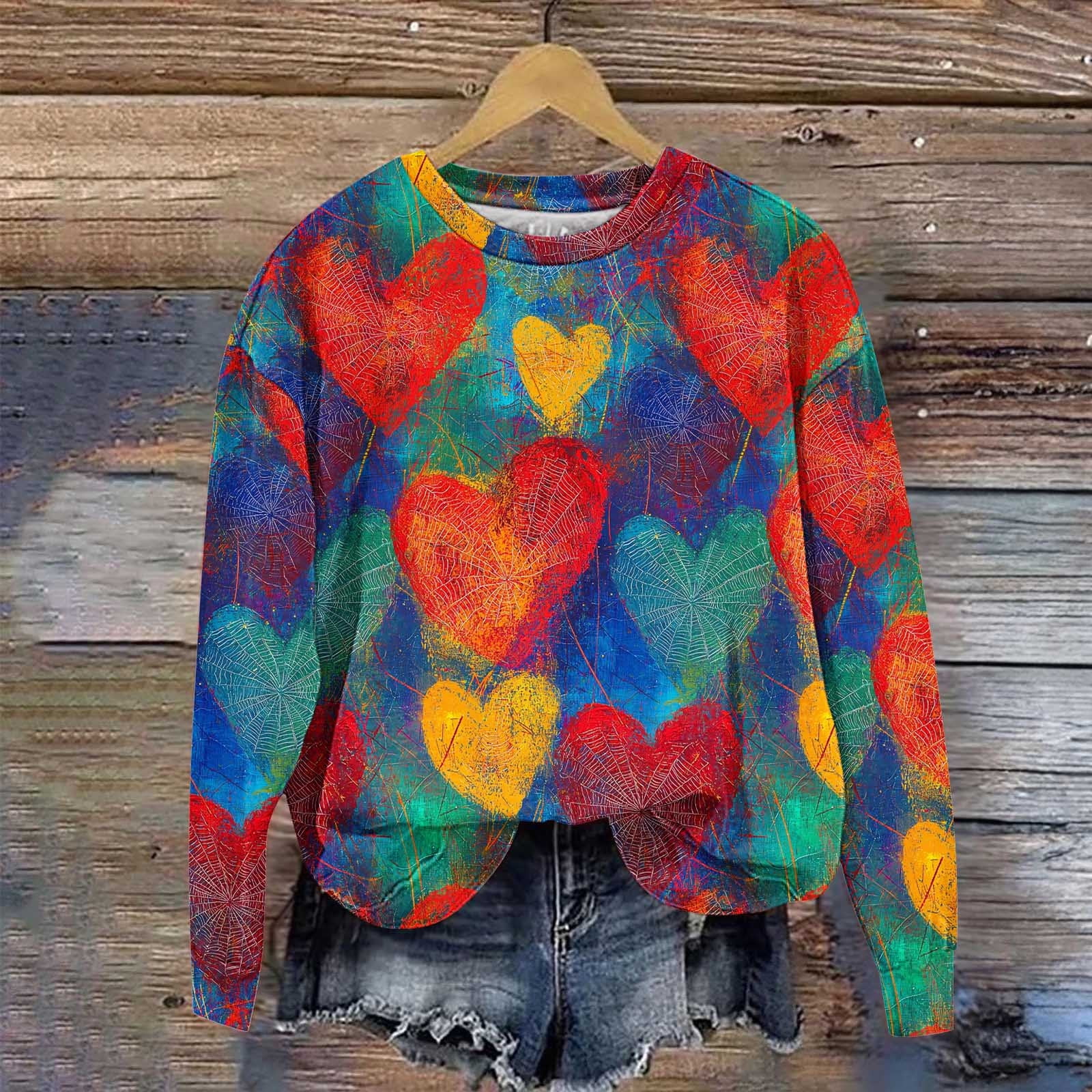 Uootdi Colorful Sweatshirts for Women Cute Love Heart Graphic Crewneck ...