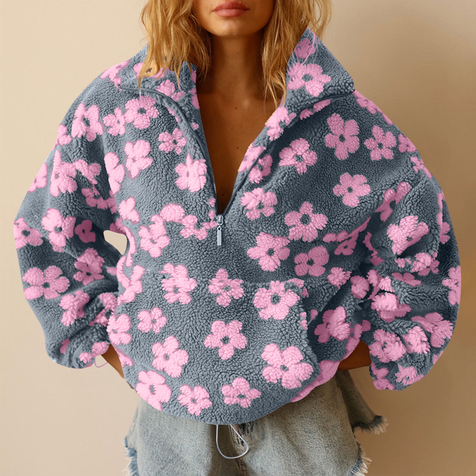 Uootdi Half Zipper Sweatshirt for Women Floral Print Sherpa Fuzzy ...