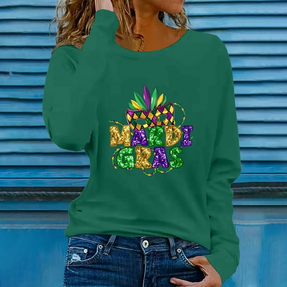 Uootdi Long Sleeve Shirts for Women Mardi Gras Print Graphic Crewneck ...