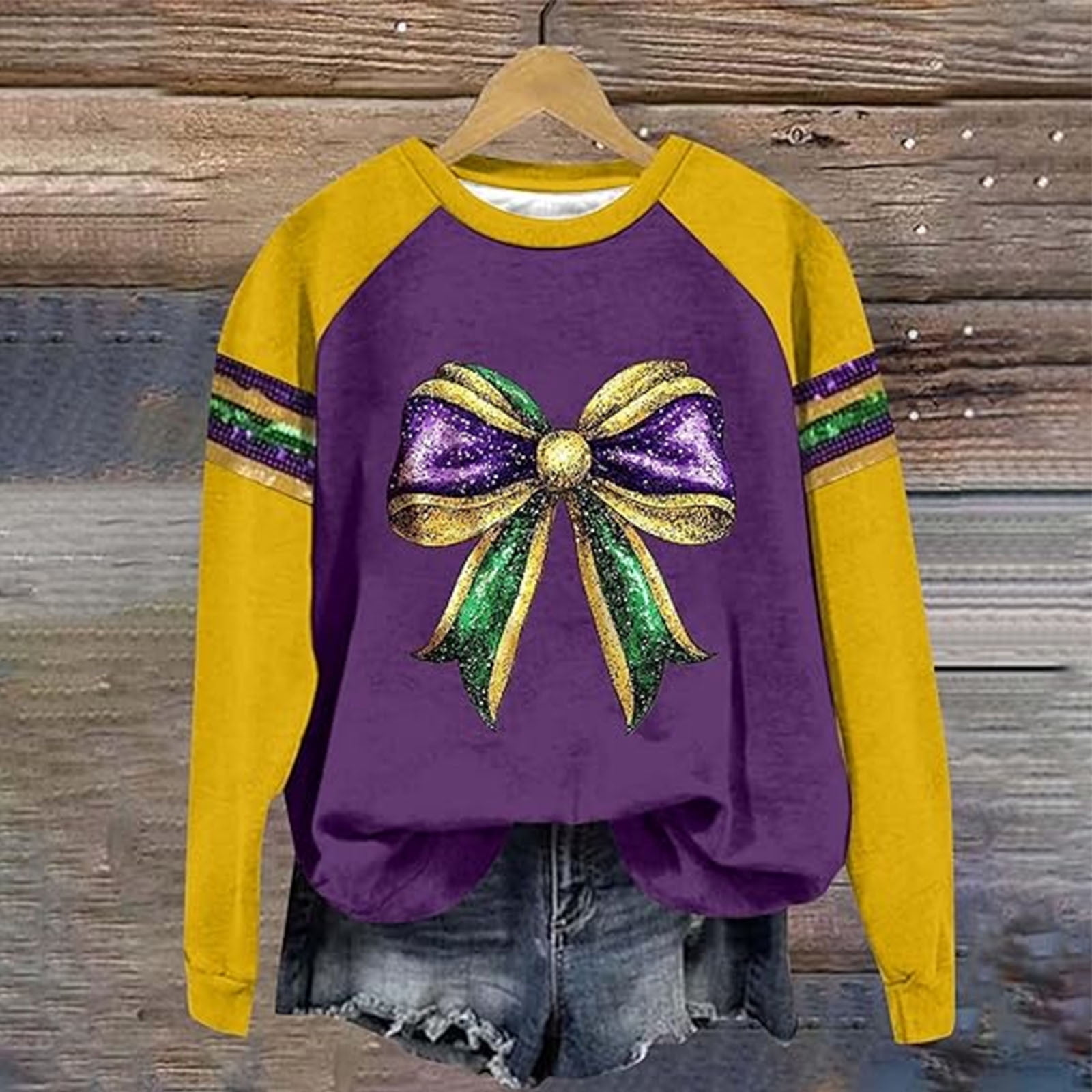 Uootdi Mardi Gras Outfit for Women Crew Neck Glitter Carnival Tops ...