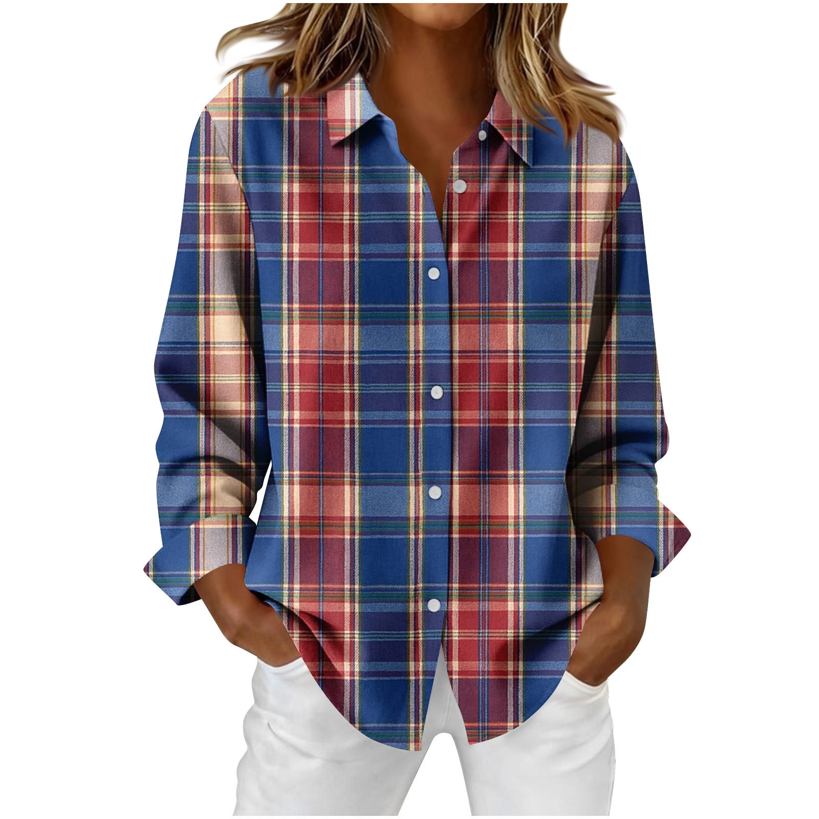 Uootdi Plaid Gradient Color Long Sleeve Shirts for Women Button Down ...